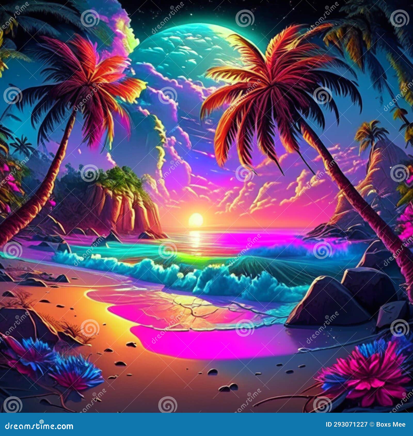 Tropical Beach At Sunset With Palm Trees And Flowers Vector