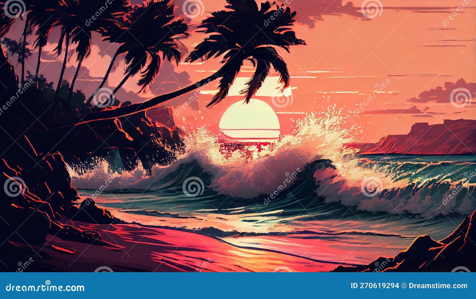 A Tropical Beach At Sunset With Palm Trees Swaying In The Breeze And