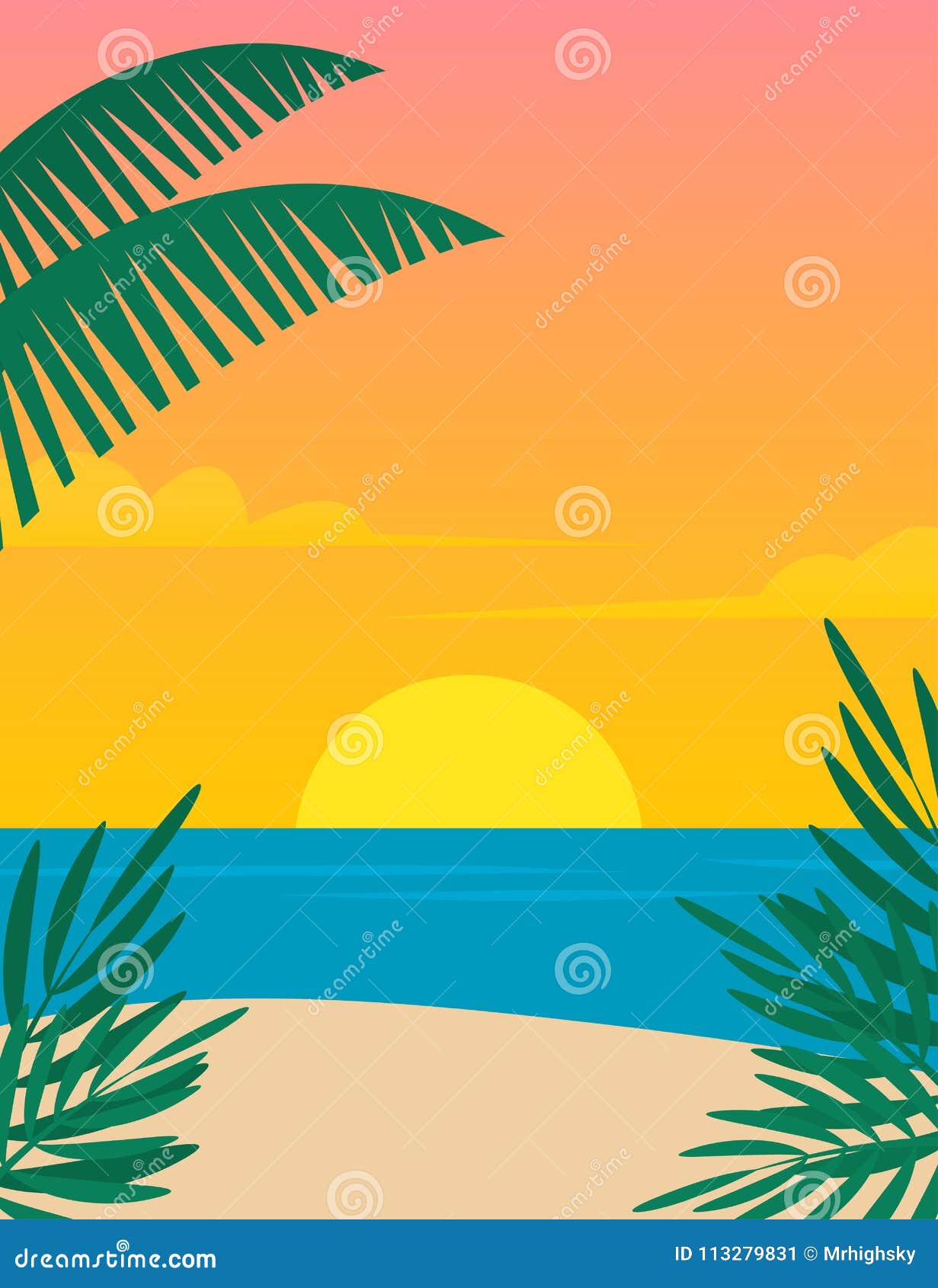 Sunset Poster In 80s Style 3d Render Scene Sun Reflection On Ocean ...
