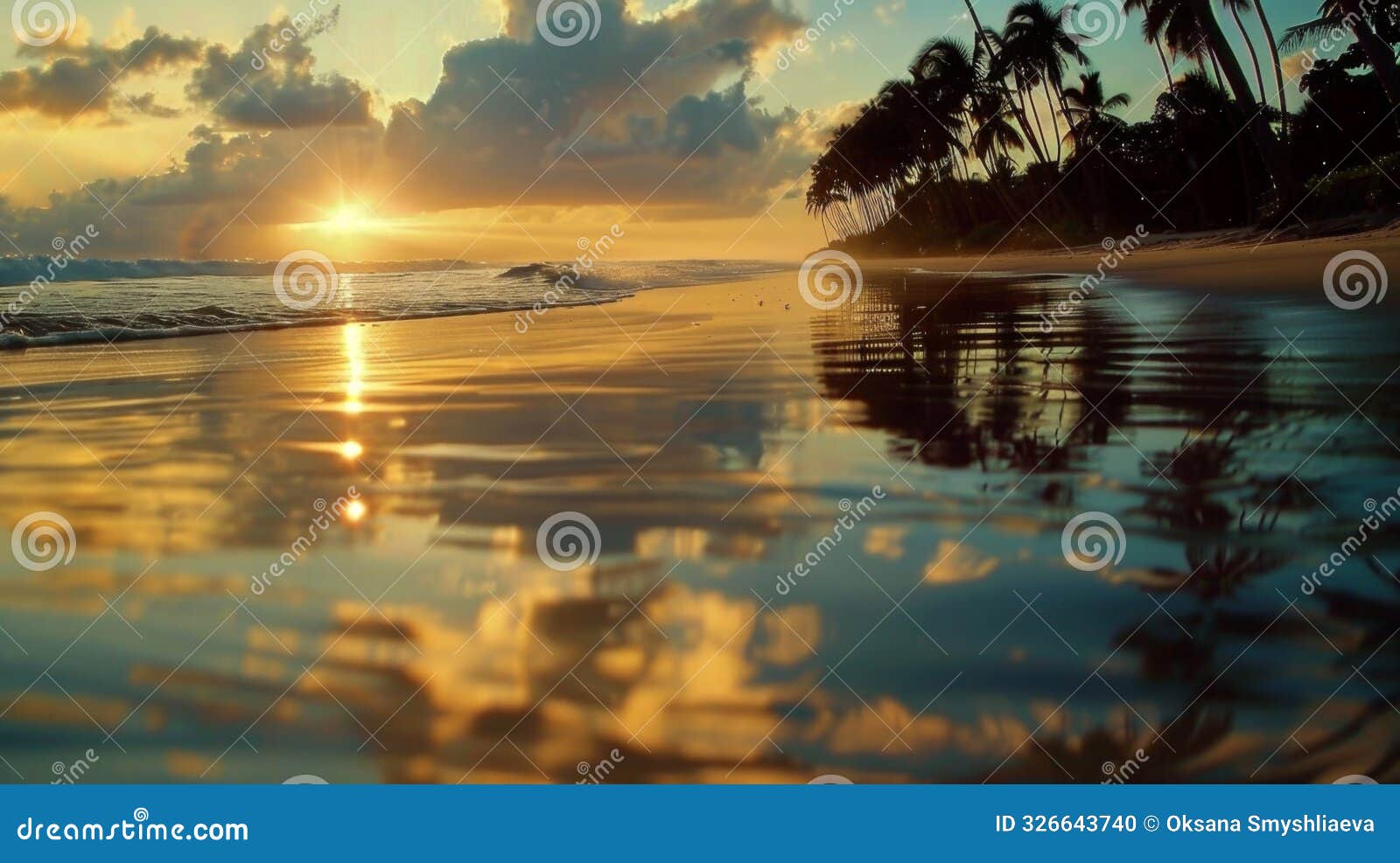 Tropical Beach Sunset with Reflection on Water and Palm Silhouettes ...