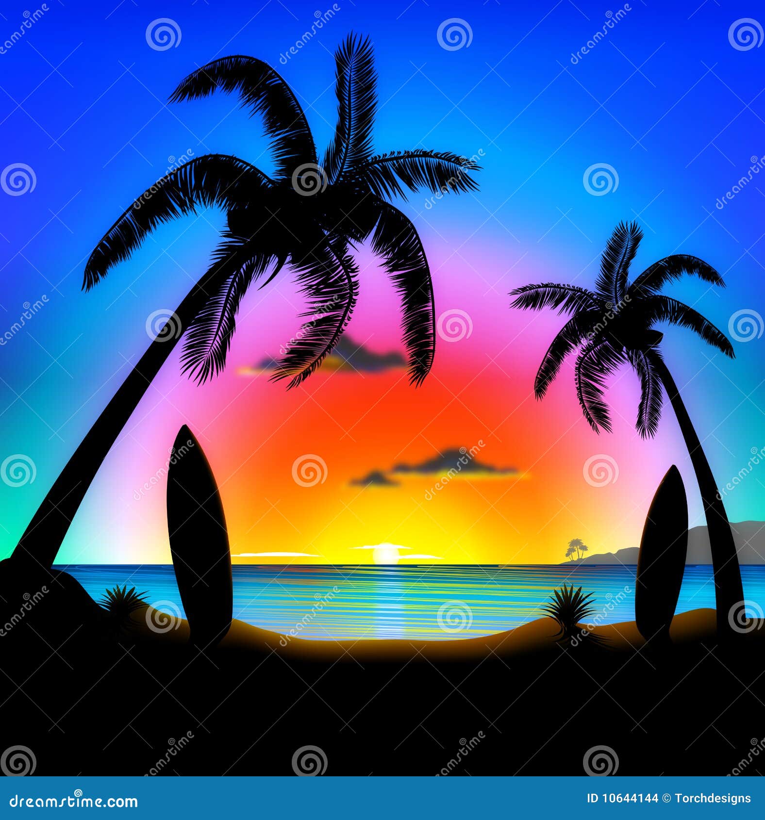 Tropical Beach at Sunset Surfing Illustration Stock Illustration ...