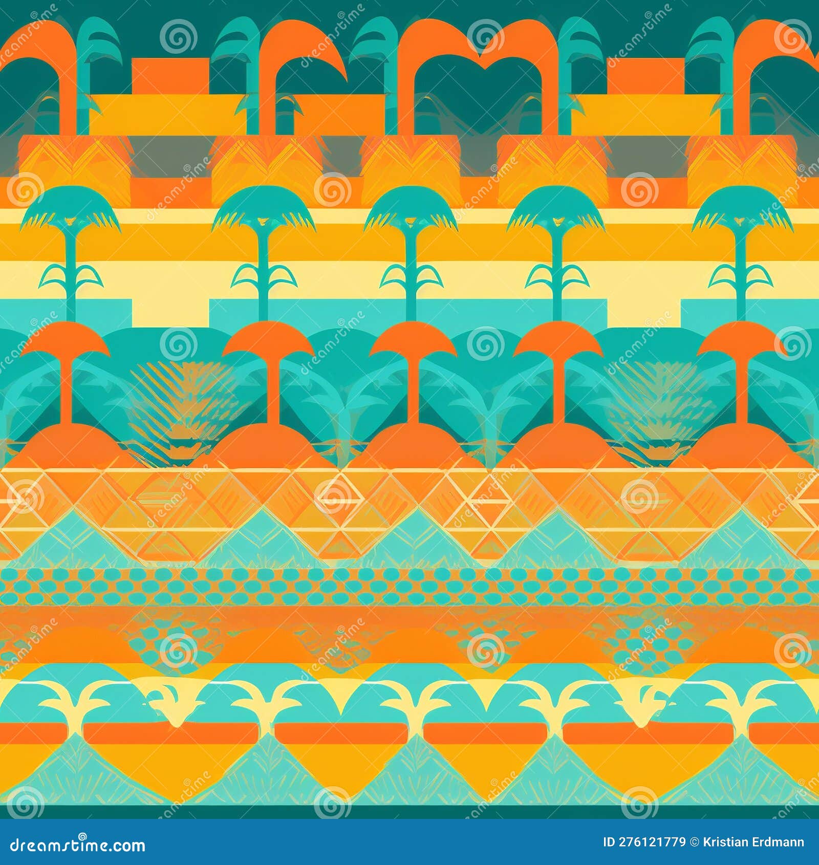Tropical Beach Theme Seamless Pattern, Palm Trees, Sunsets, and Waves ...