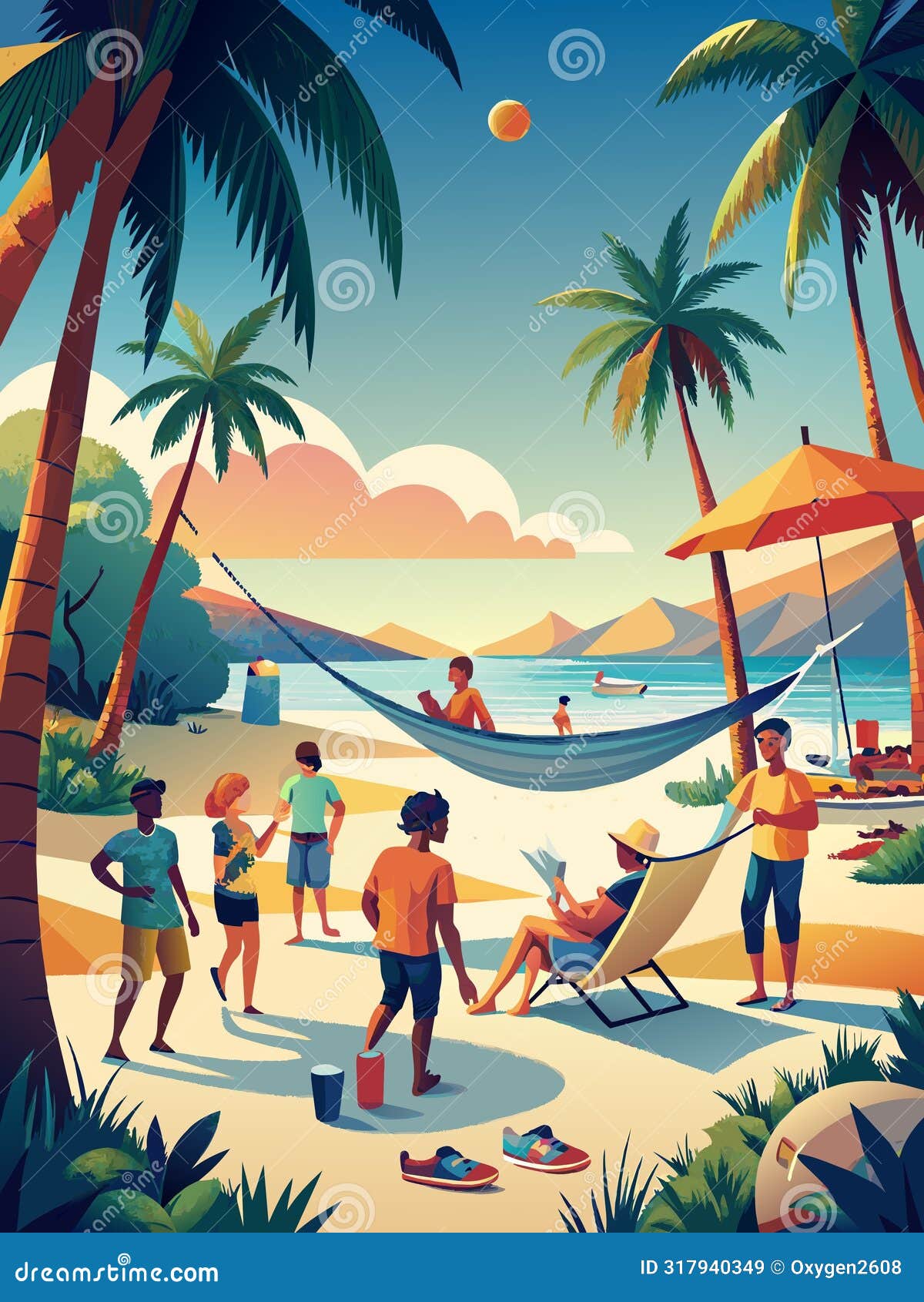 Tropical Beach Vacation Scene with Diverse People Relaxing Stock Image ...