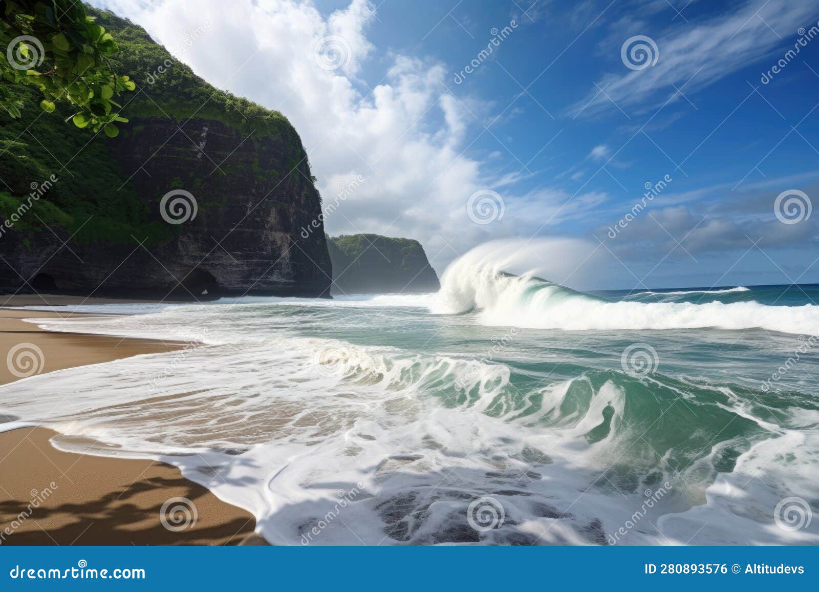 Tropical Beach with a View of Towering Cliffs and Crashing Waves Stock ...