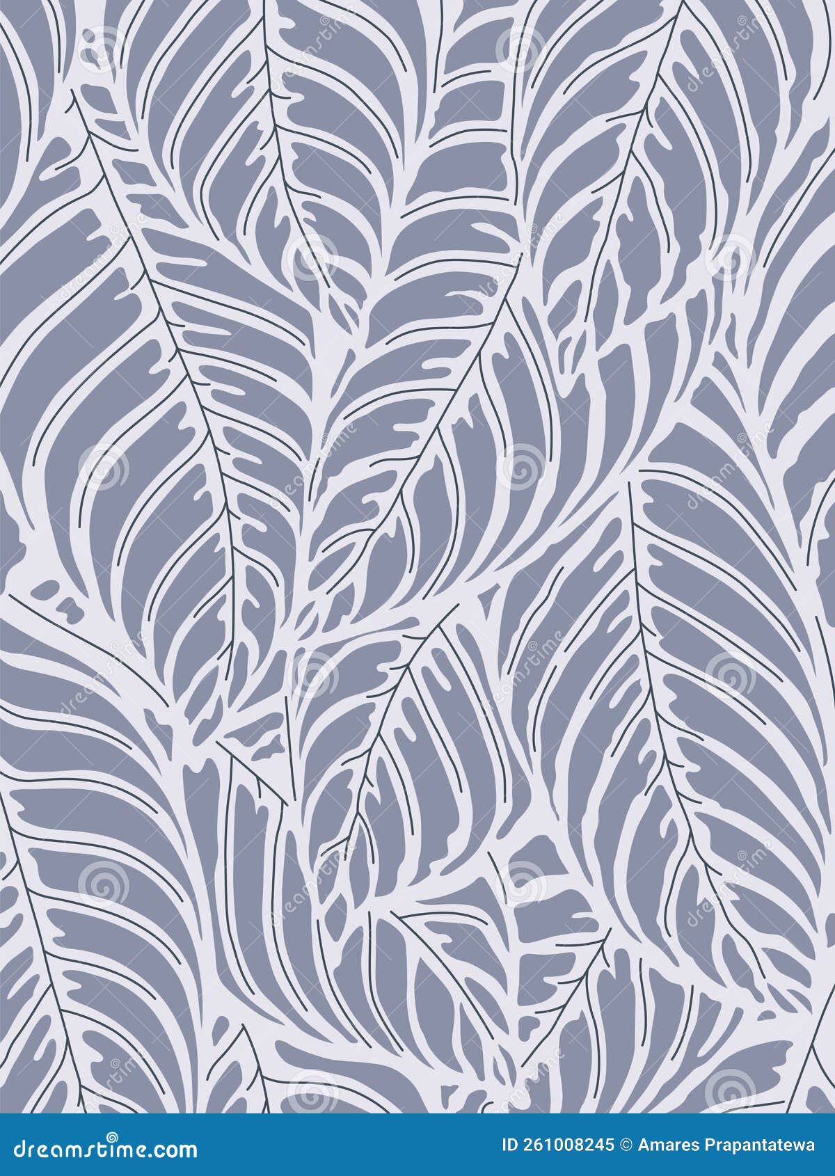 Tropical Blue Color Leaves Pattern Style on White Background, Flat Line ...