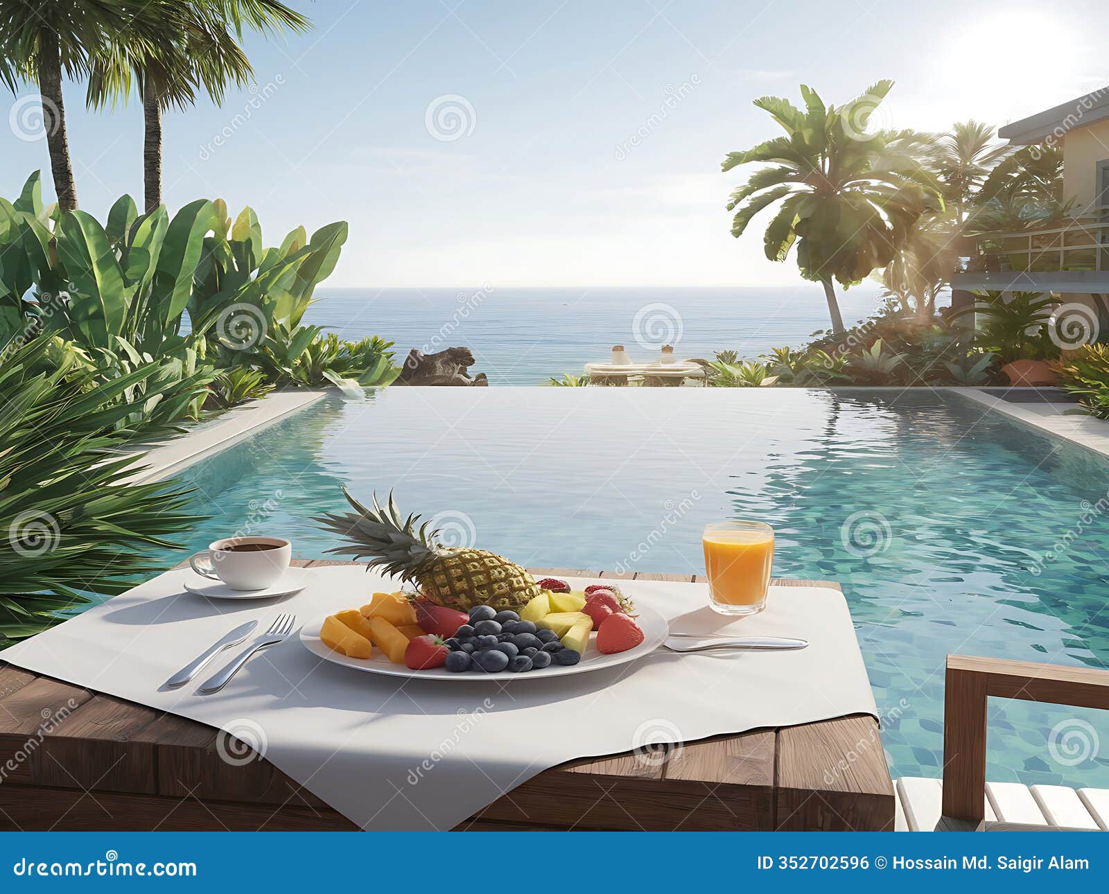 Relaxing Poolside Breakfast in a Lush Tropical Setting Stock ...