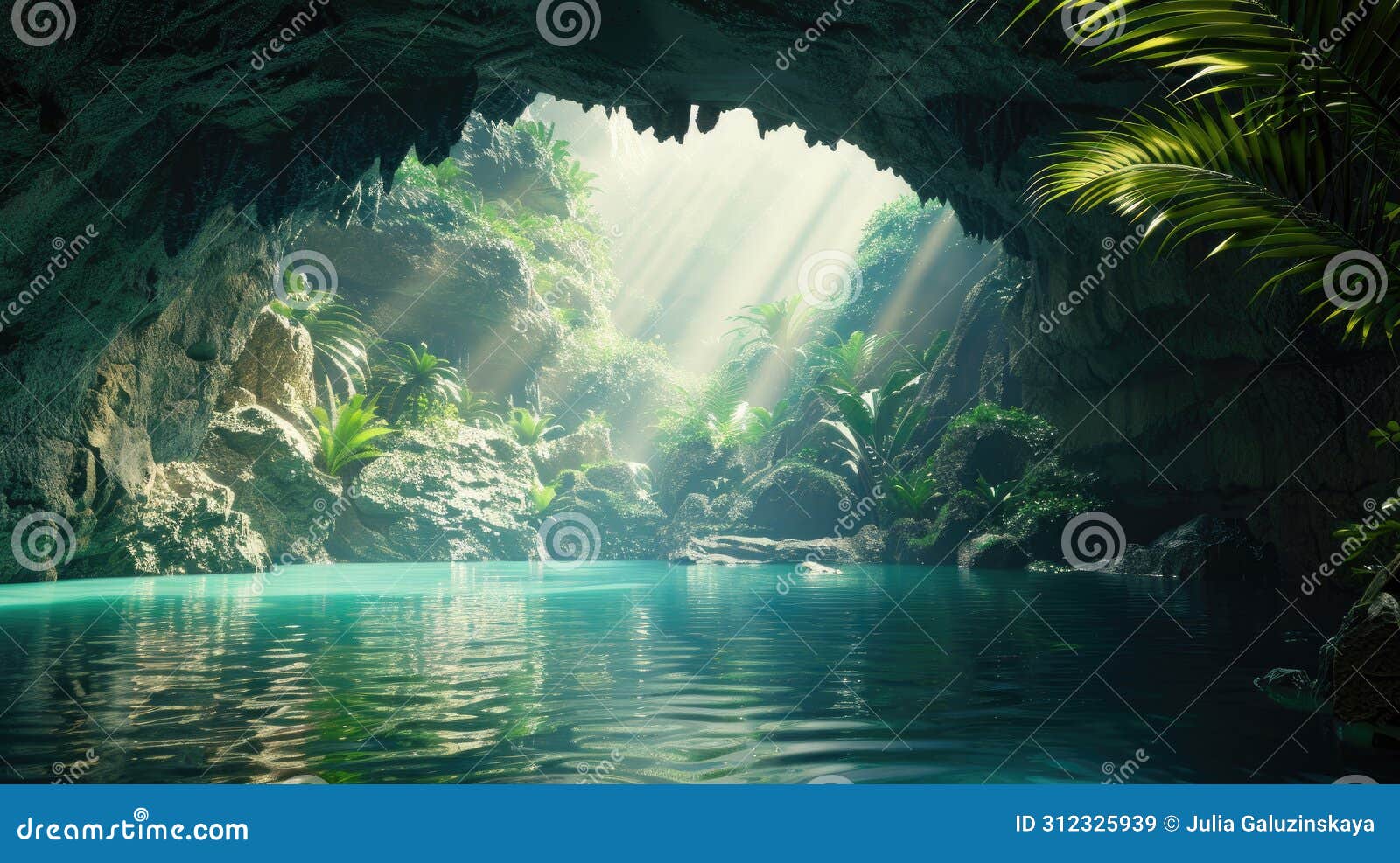 Tropical Cave with Pool of Water. Summer Exotic Landscape Stock Image ...