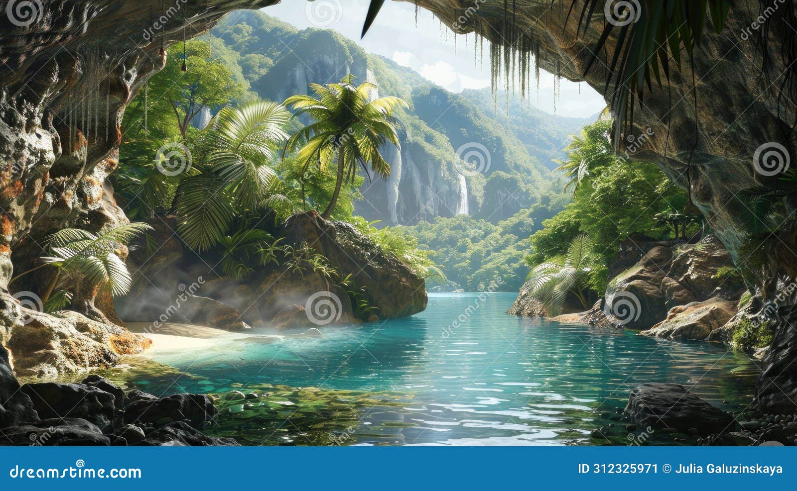 Tropical Cave with Pool of Water. Summer Exotic Landscape Stock Image ...
