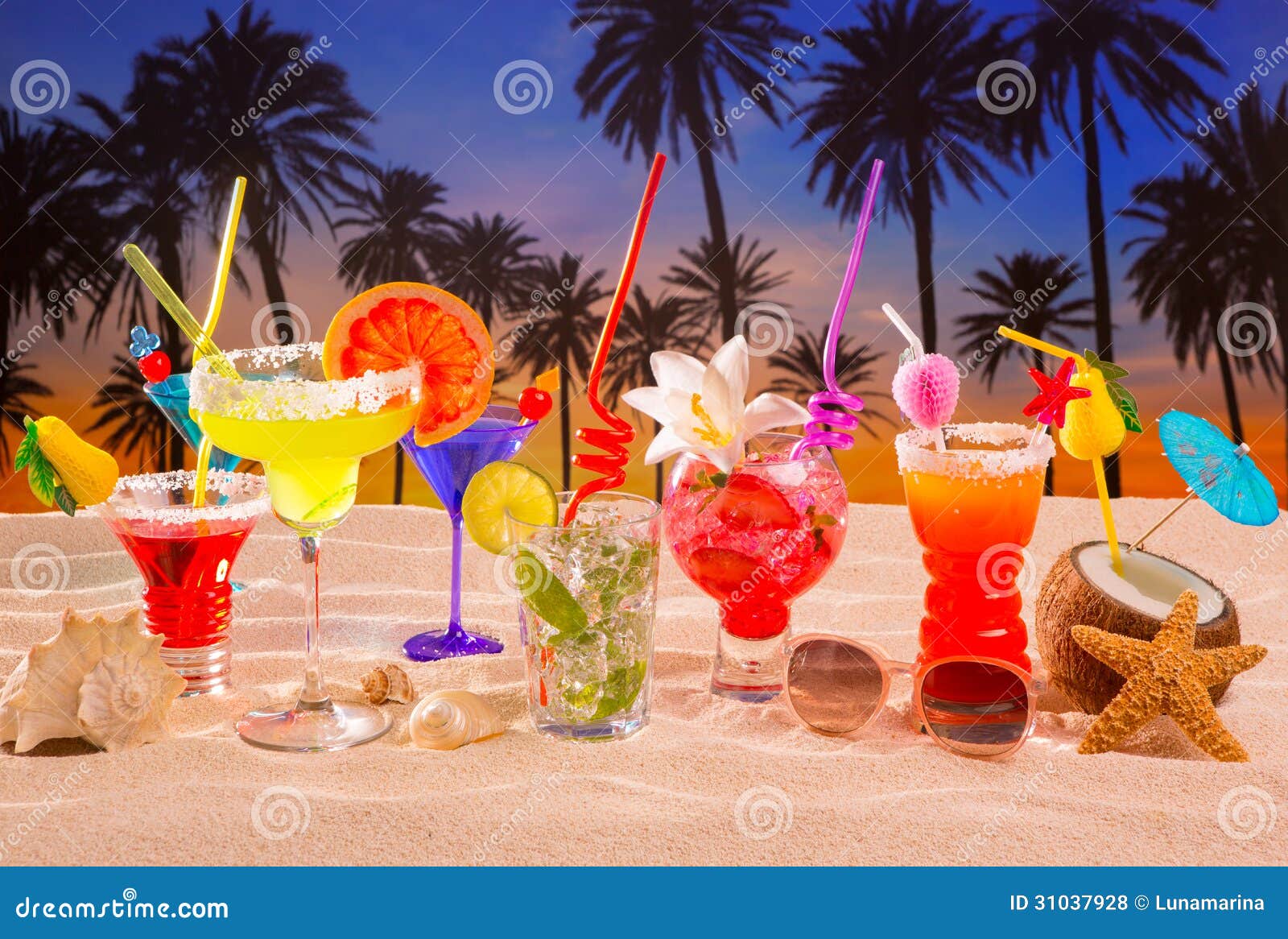 Tropical Cocktails On White Sand Mojito On Sunset Palm Trees Stock