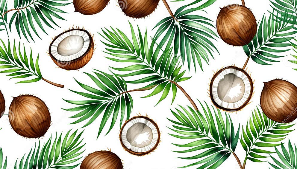 Tropical Coconuts and Palm Leaves Seamless Pattern Stock Photo - Image ...