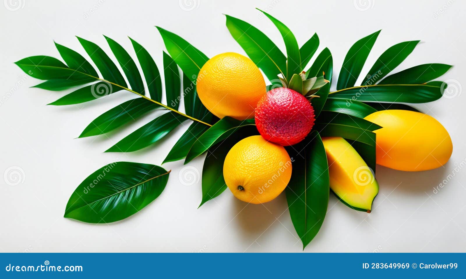 Tropical Mix of Oranges, Mango, Lychee and Leaves on a White Background ...