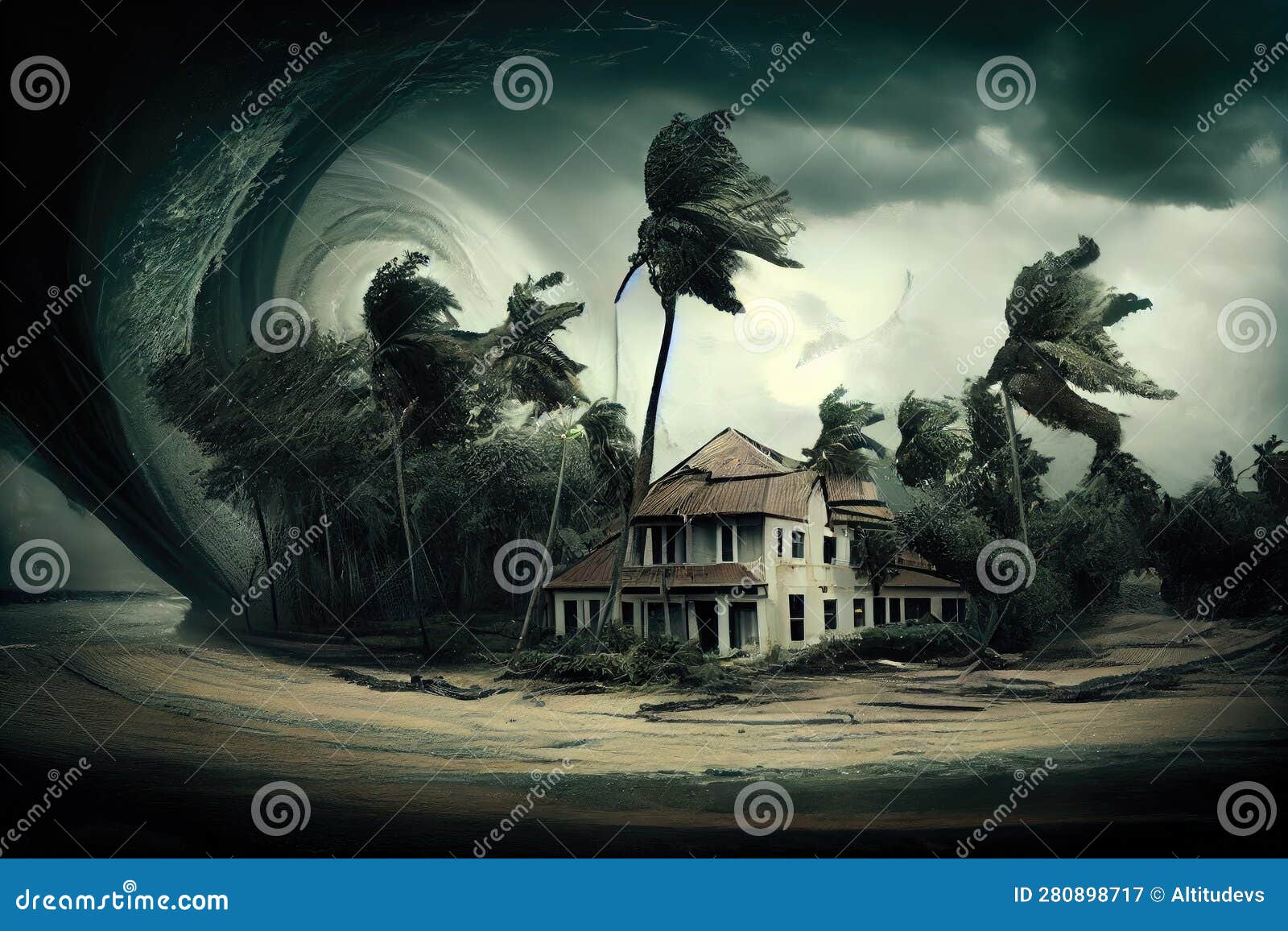 Tropical Cyclone Approaching Land, with Buildings and Trees in the ...