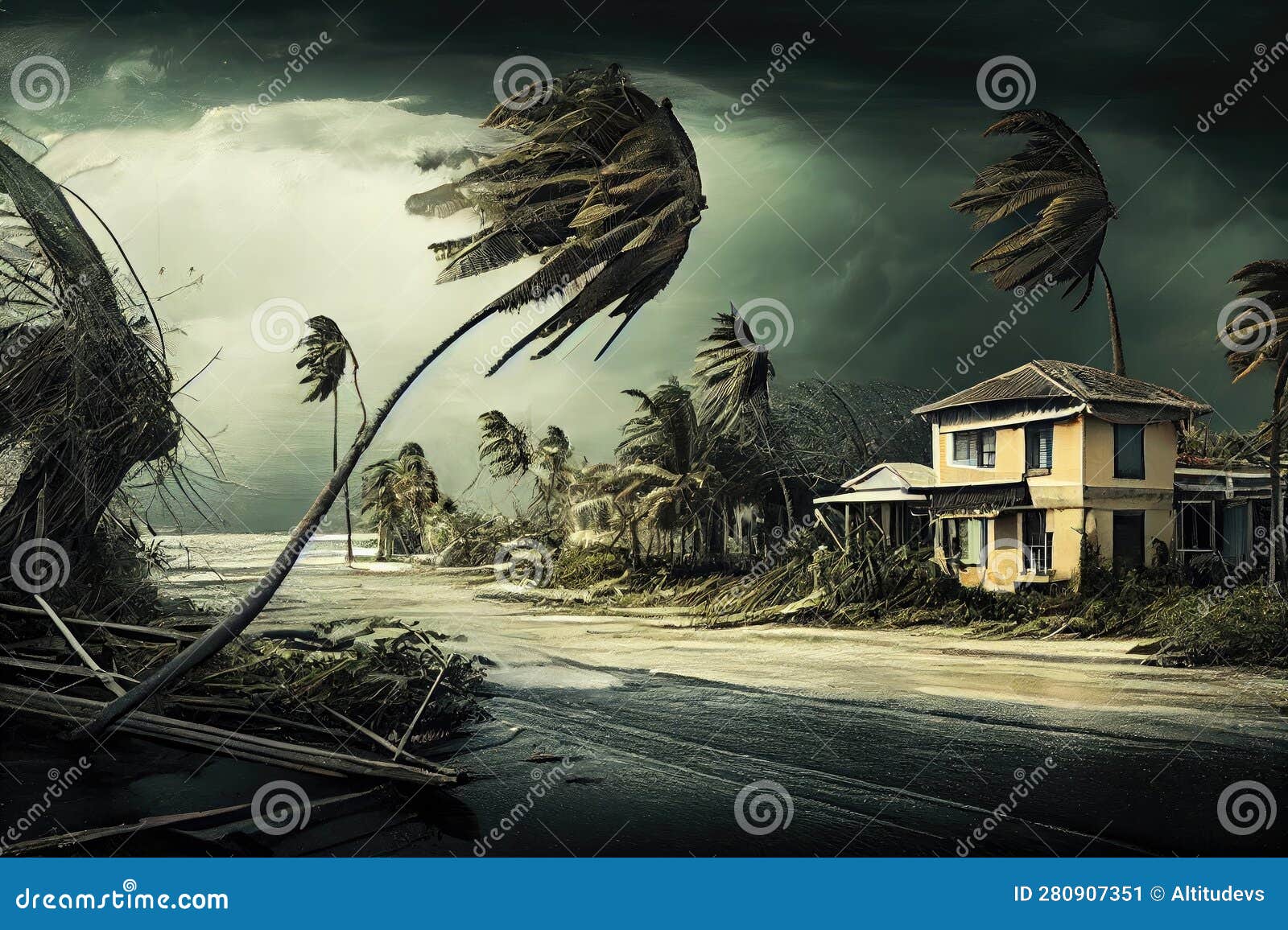 Tropical Cyclone Approaching Land, with Buildings and Trees in the ...