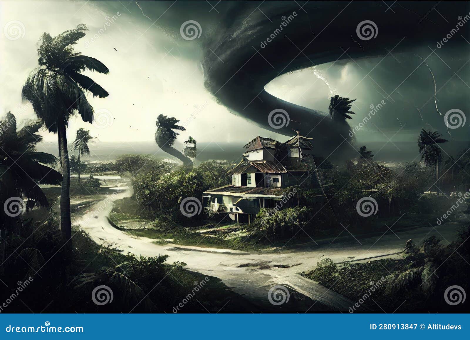 Tropical Cyclone Approaching Land, with Buildings and Trees in the ...