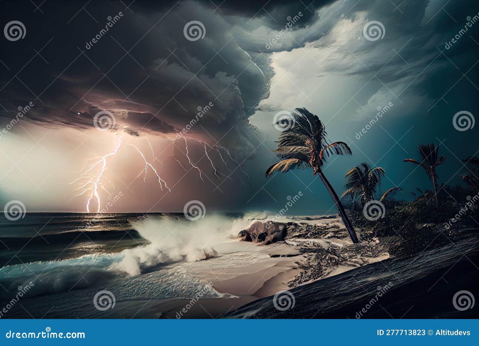 Tropical Cyclone, with Cloud Formations and Lightning Visible, Striking ...