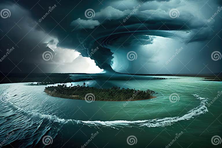 Tropical Cyclone, Hovering Over Tranquil Lake, with Rolling Waves and ...