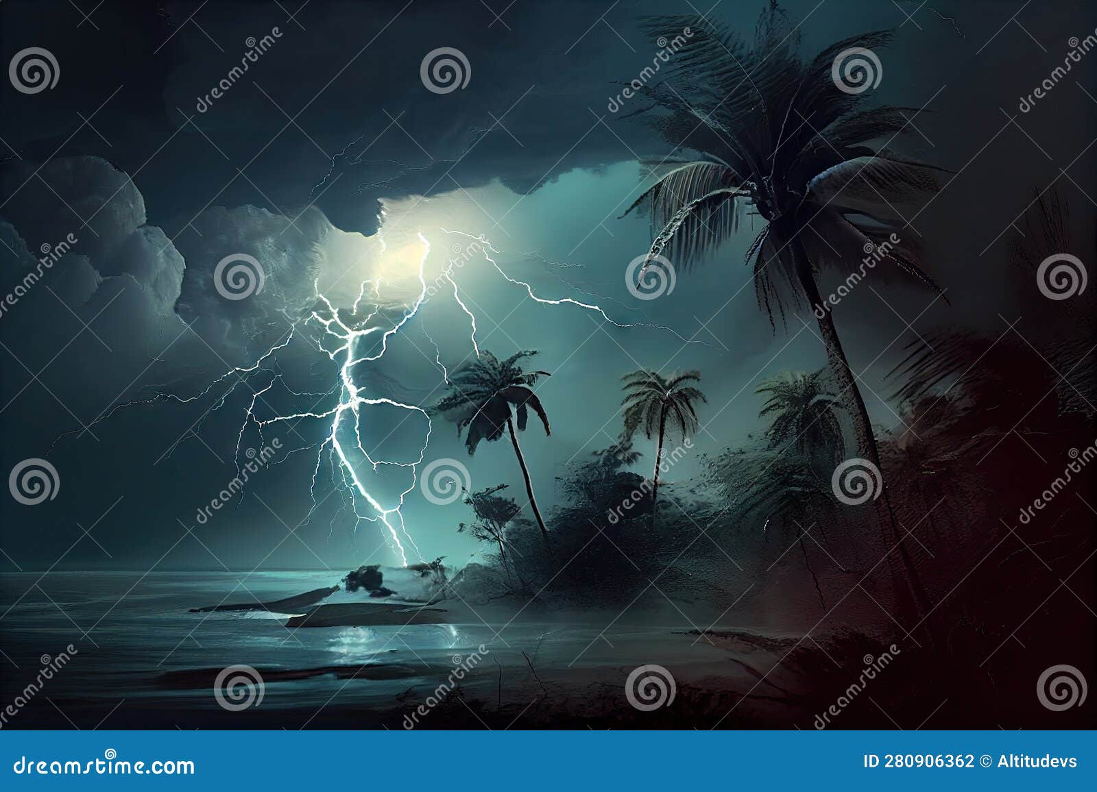 Tropical Cyclone with Lightning Storm in the Distance Stock ...