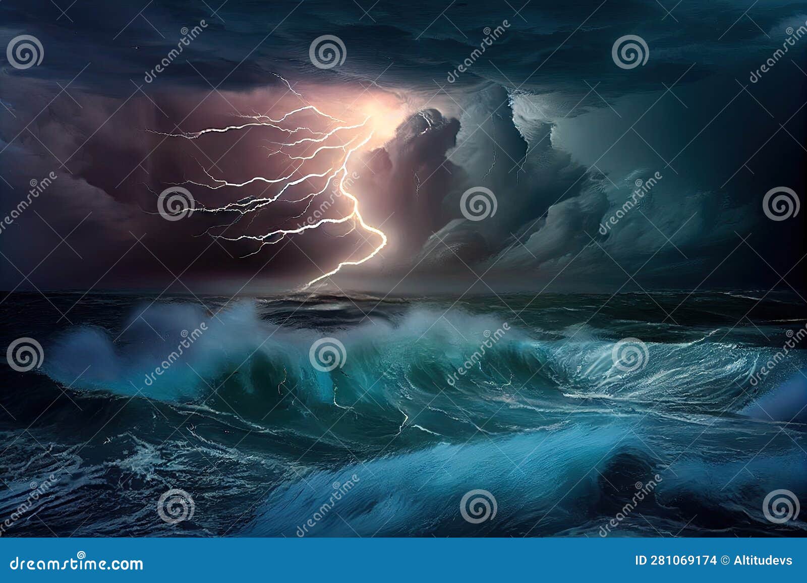 Tropical Cyclone with Lightning Storm, Rolling Across the Ocean Stock ...