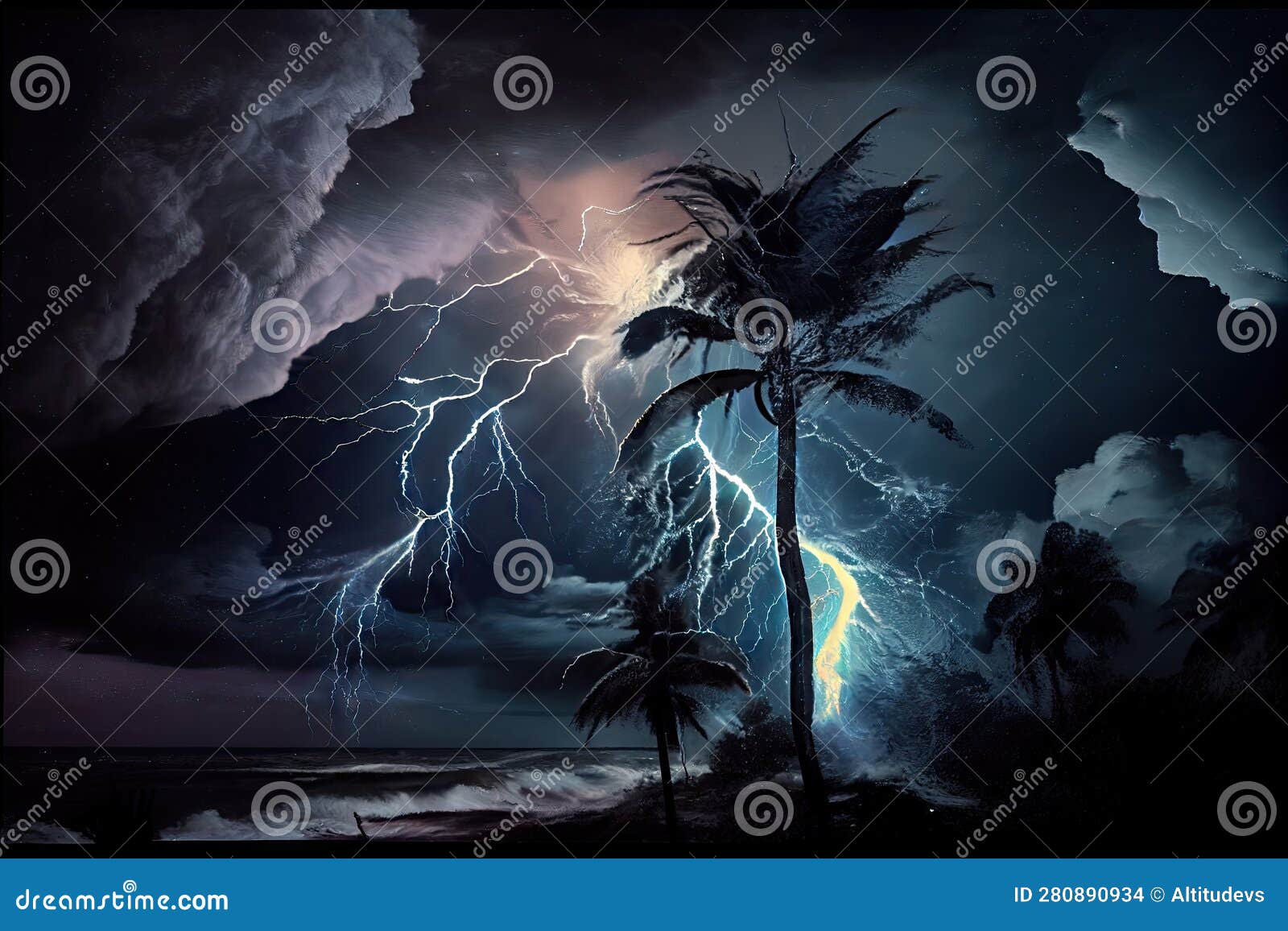 Tropical Cyclone, with Lightning and Thunder in the Night Sky Stock ...
