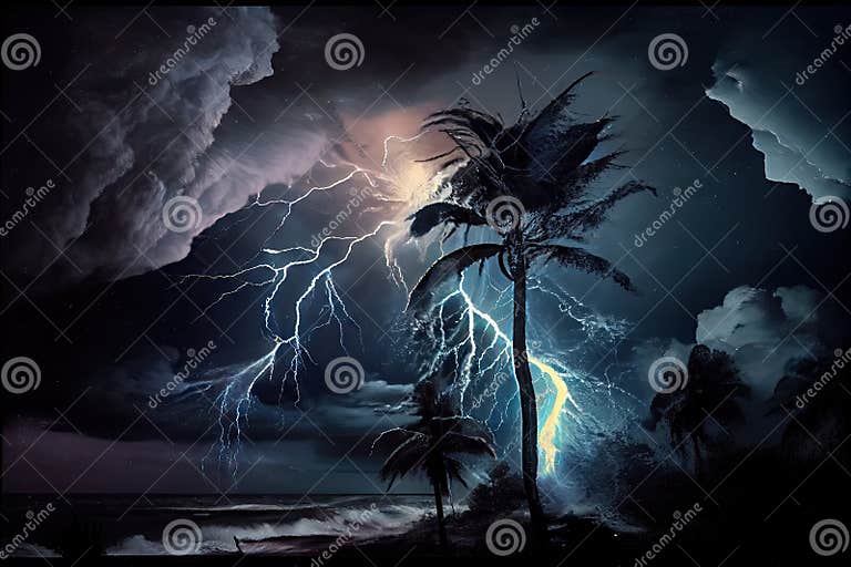 Tropical Cyclone, with Lightning and Thunder in the Night Sky Stock ...