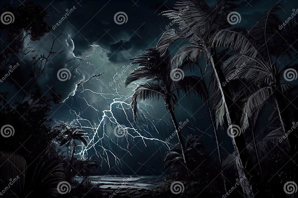Tropical Cyclone, with Lightning and Thunder in the Night Sky Stock ...