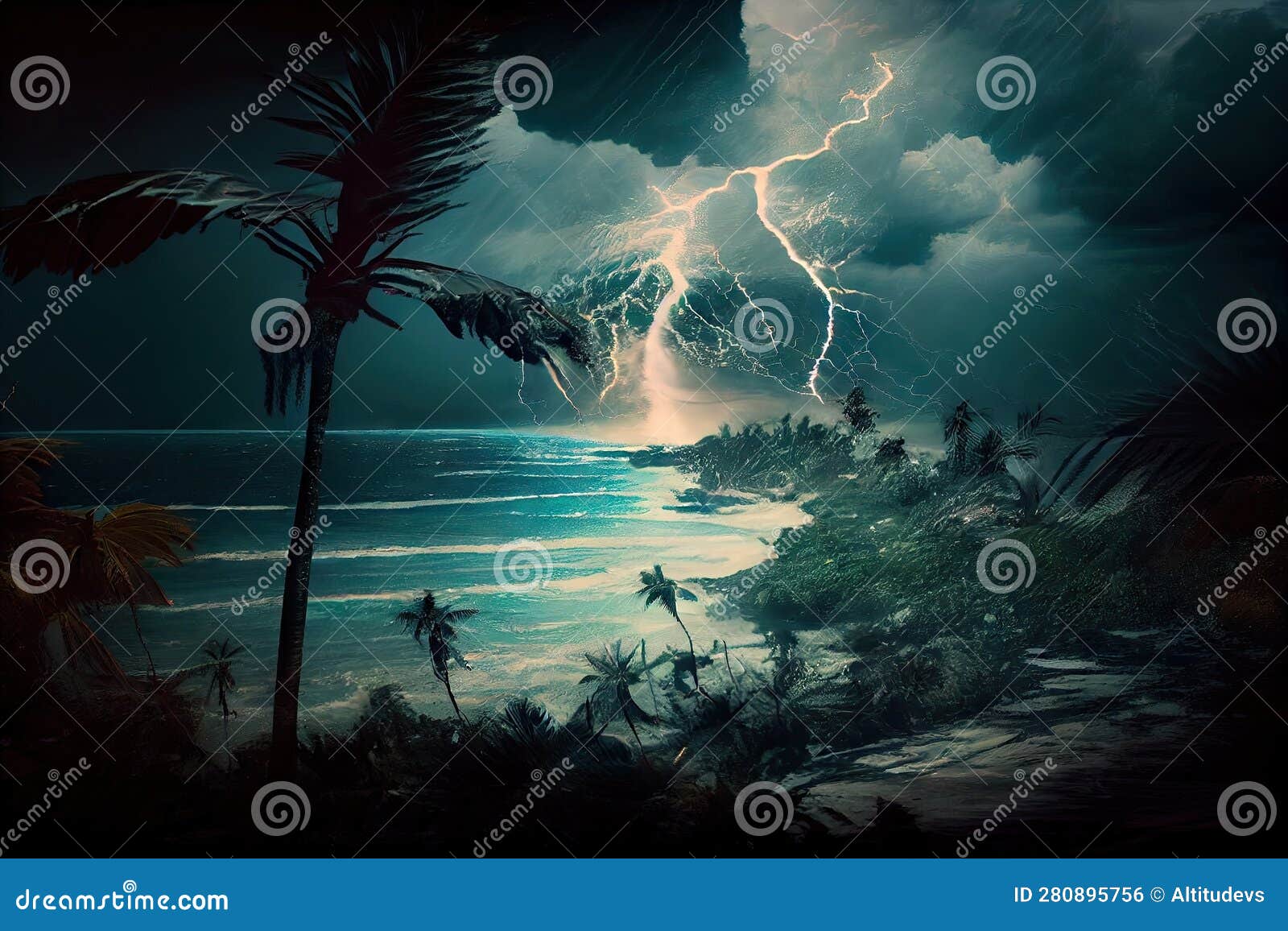 Tropical Cyclone, with Lightning and Thunderstorm, Over Tropical Island ...