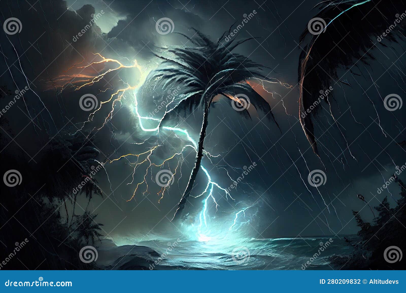 Tropical Cyclone in the Midst of a Thunderstorm, with Lightning Bolts ...