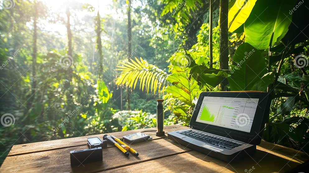 Tropical Data Analysis Laptop Tools Rainforest Backdrop Concepts Remote Work Nature Technology ...