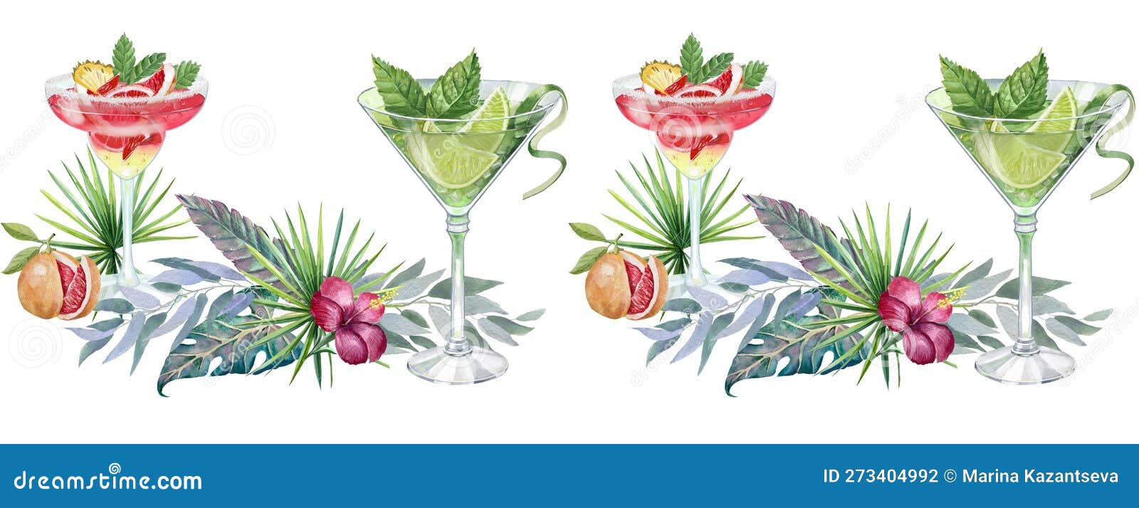 Seamless Border with Fruit Cocktail in Glasses and Tropical Bouquets ...