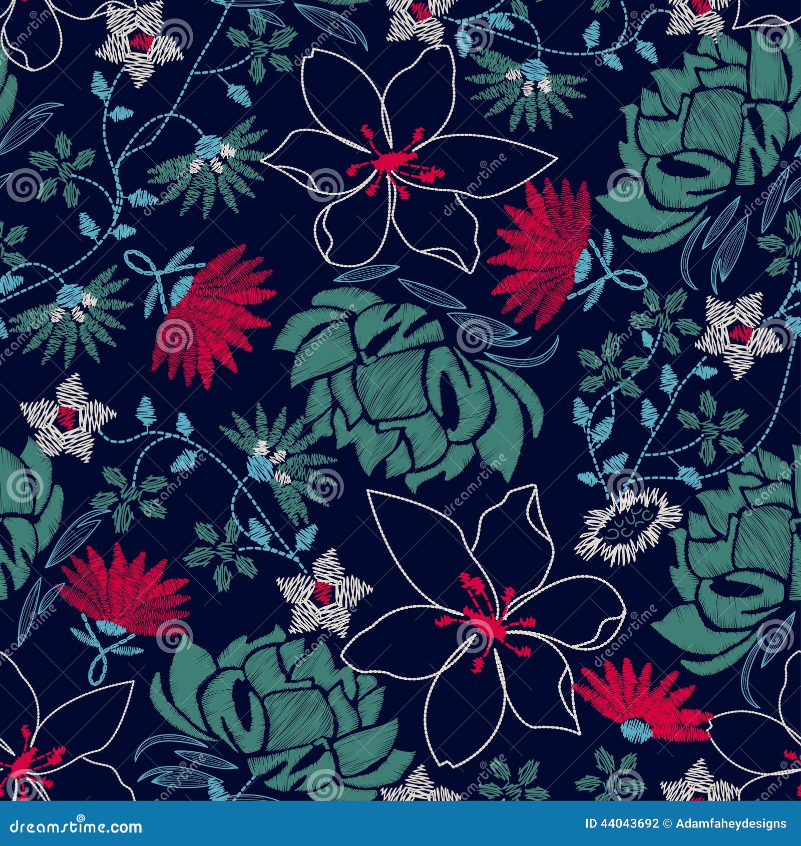 Tropical Embroidery Lush Floral Design in a Seamless Pattern Stock ...