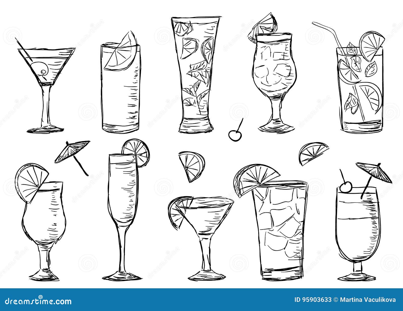 Cocktails Doodle Hand Drawn Icon Set. Outline Drawing Cocktails Line ...