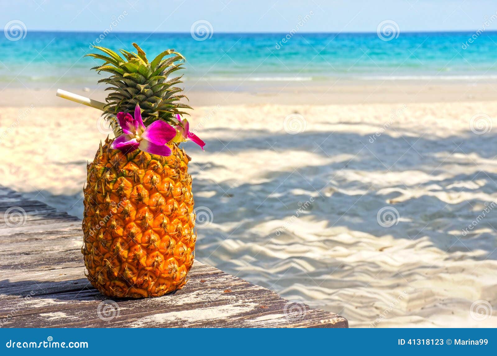 Tropical Exotic Pineapple Cocktail at the Beach Stock Image - Image of ...