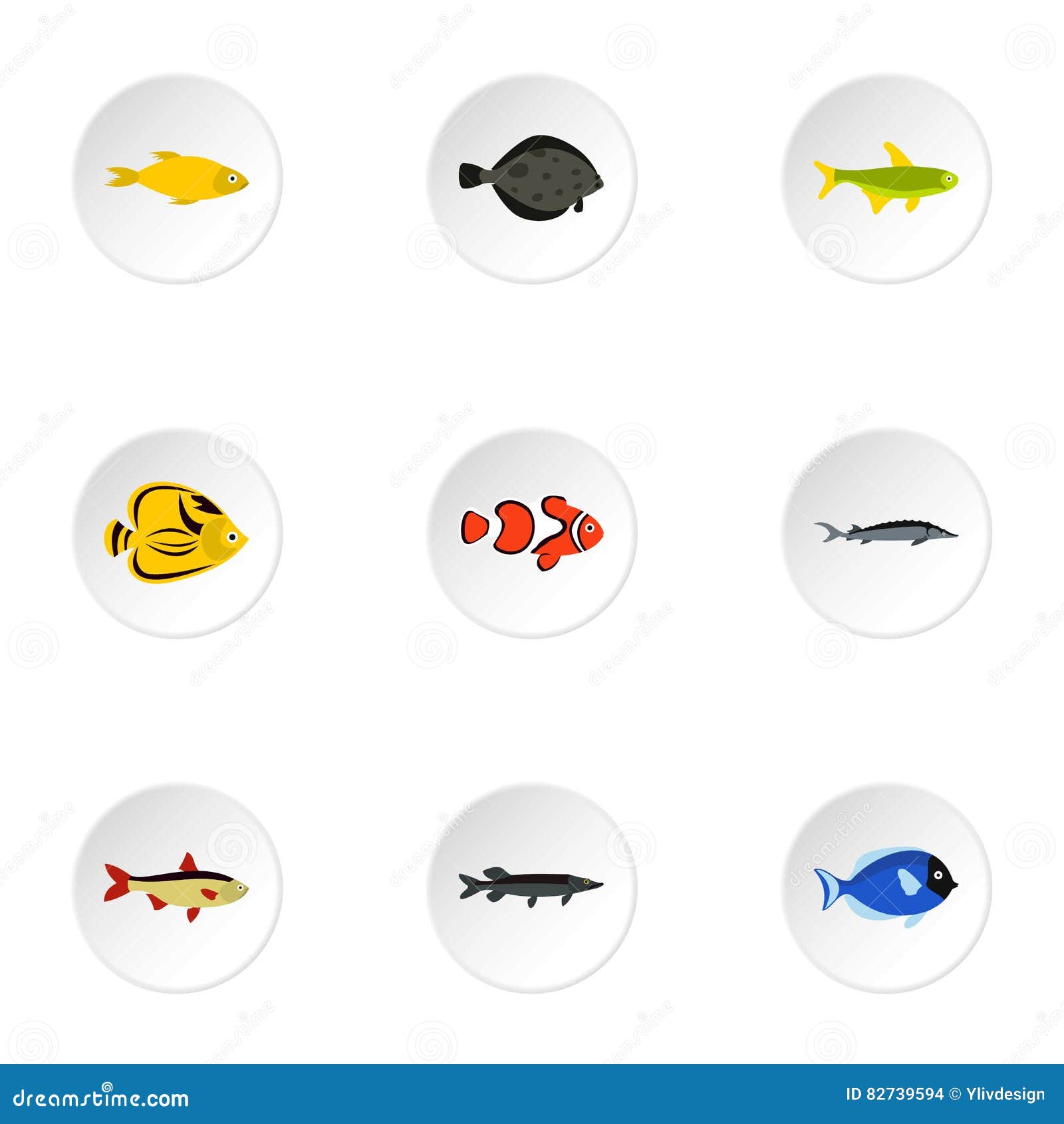 Tropical Fish Icons Set, Flat Style Stock Vector - Illustration of fins ...