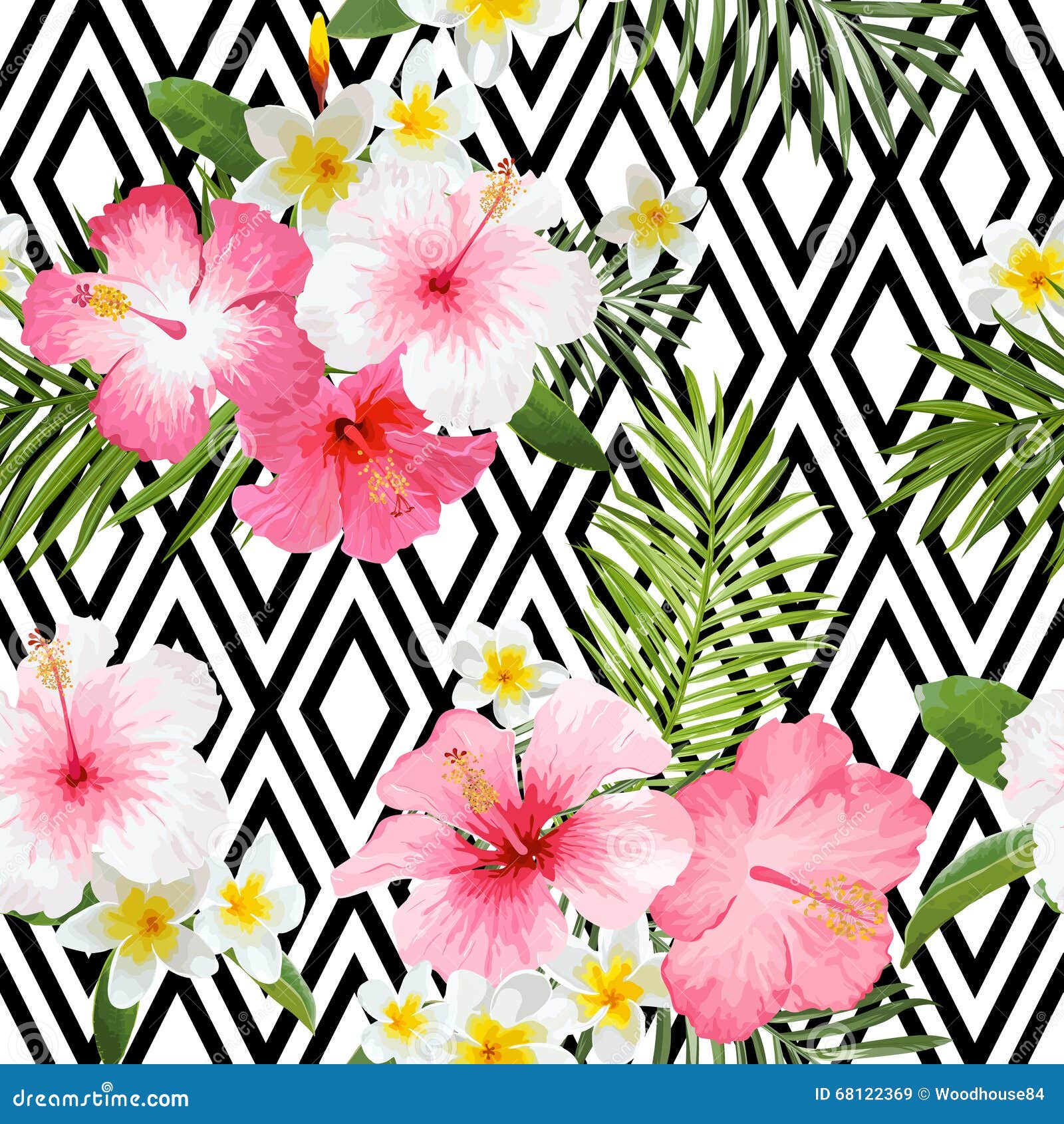Tropical Flowers and Leaves Geometric Background Stock Vector ...