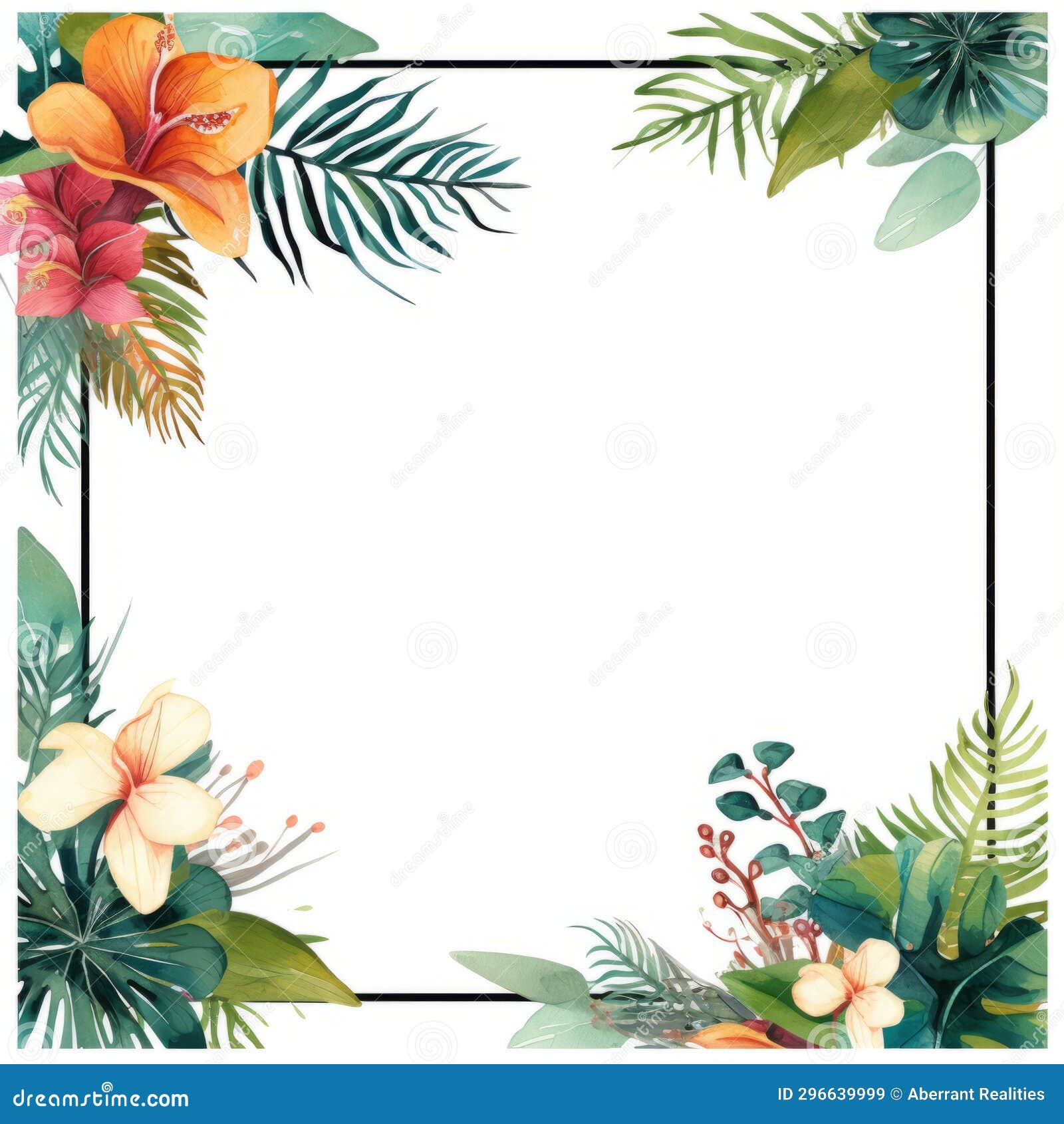 Tropical Flowers and Leaves in a Square Frame Stock Illustration ...