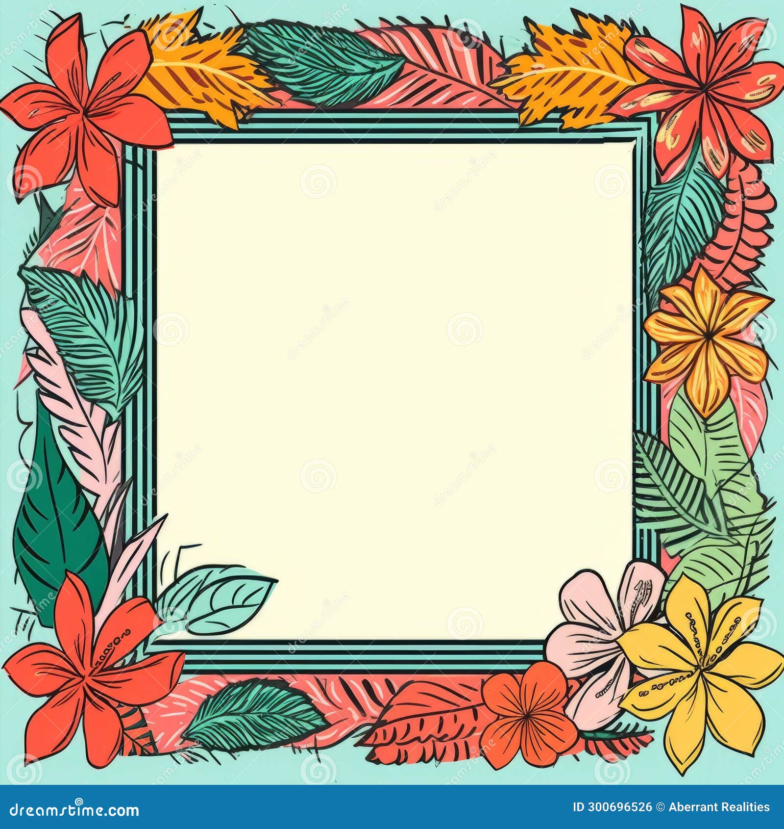 Tropical Flowers and Leaves in a Square Frame on a Blue Background ...
