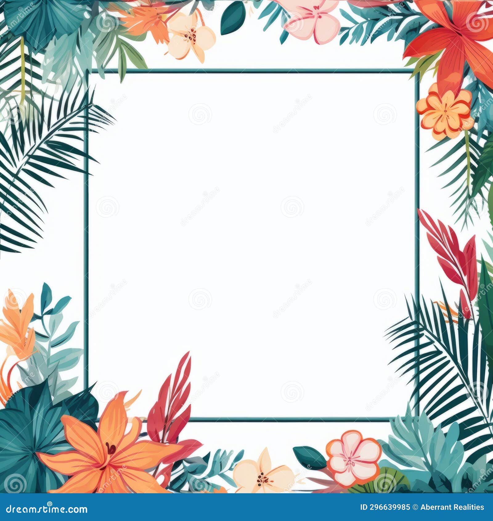 Tropical Flowers and Leaves in a Square Frame on a White Background ...