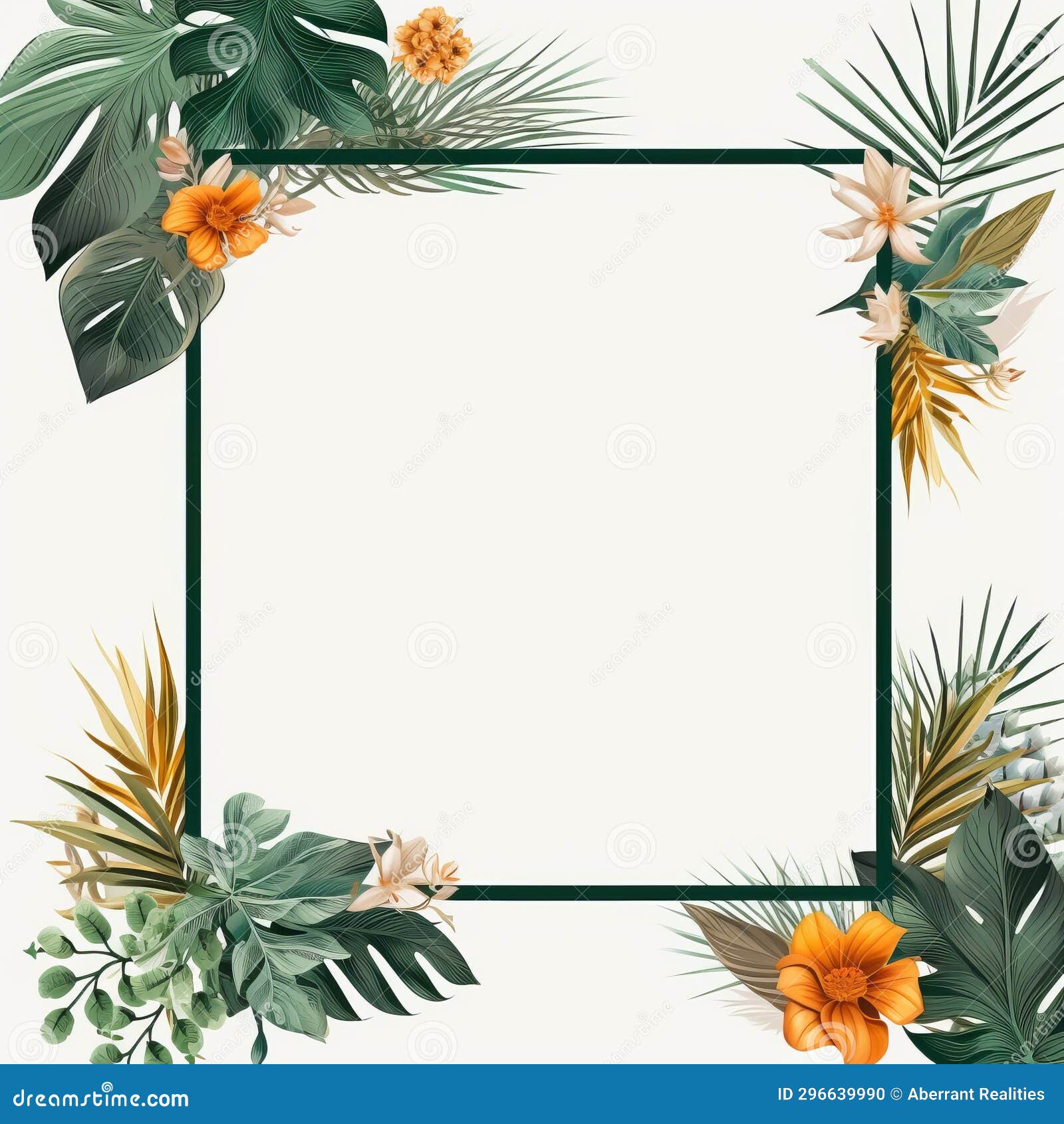 Tropical Flowers and Leaves in a Square Frame on a White Background ...