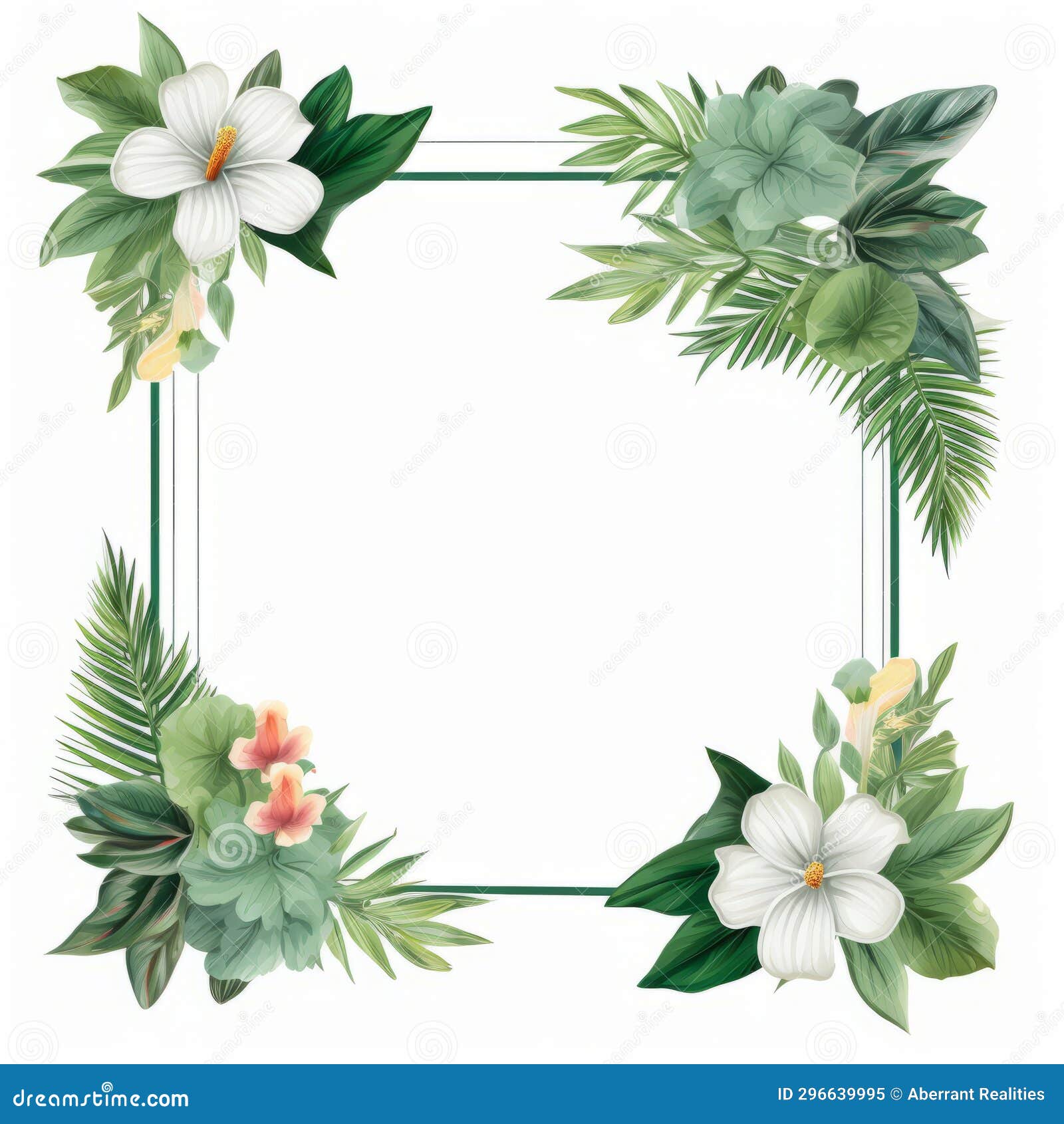 Tropical Flowers and Leaves in a Square Frame on a White Background ...