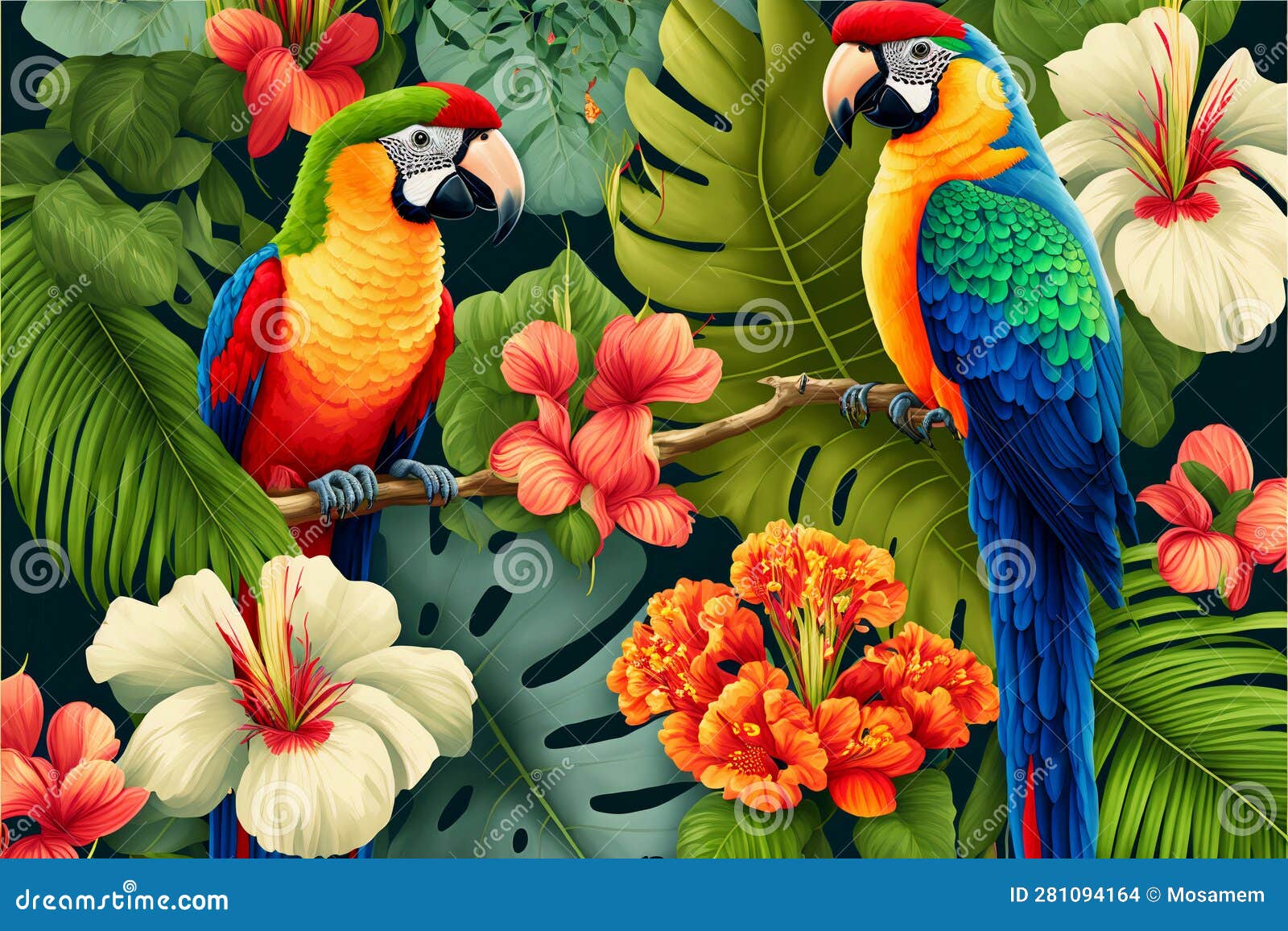 Tropical Flowers and Parrots, Decorative Pattern, Seamless Repeating ...