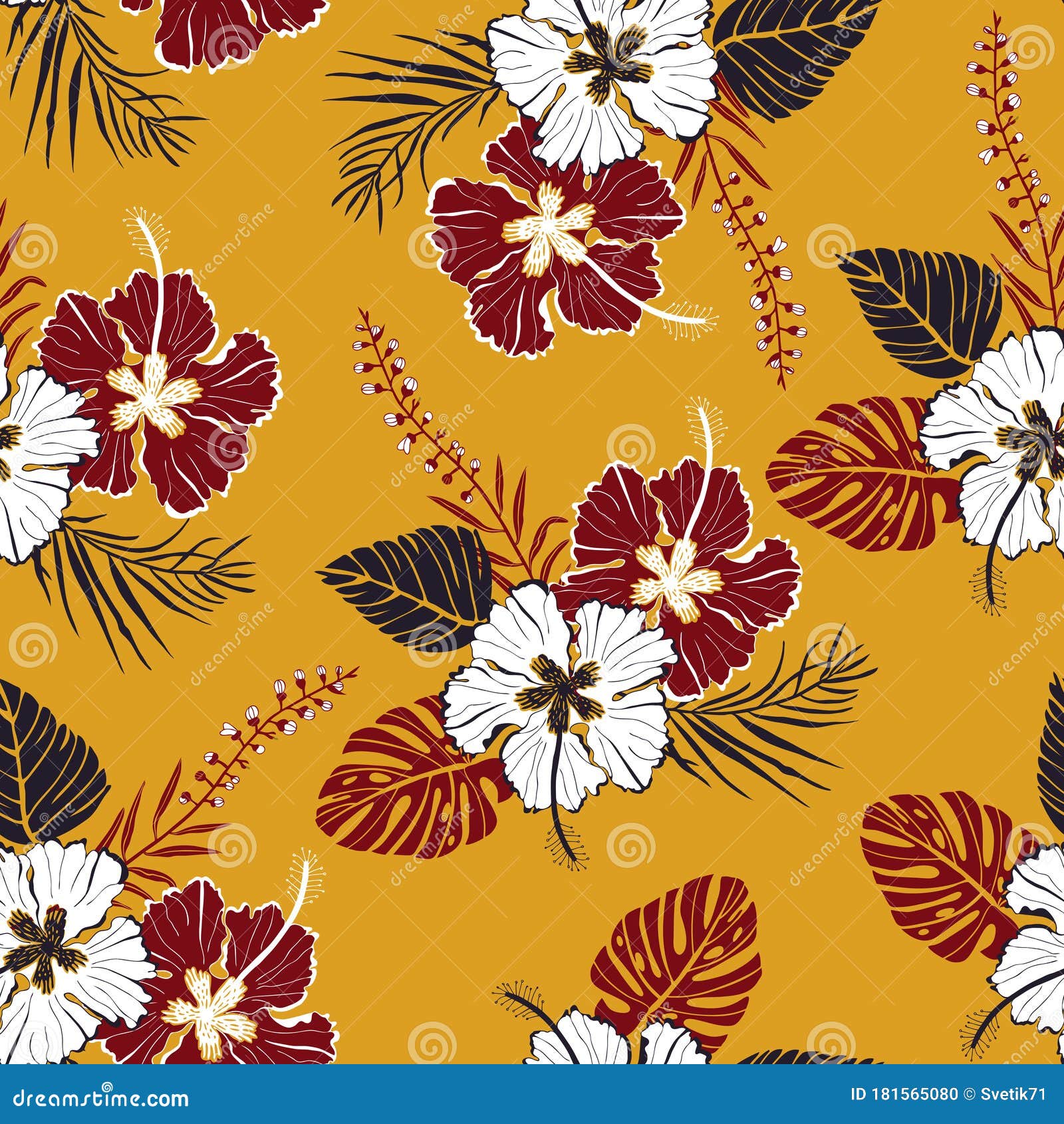 Tropical Flowers Pattern on Yellow Background Stock Vector ...