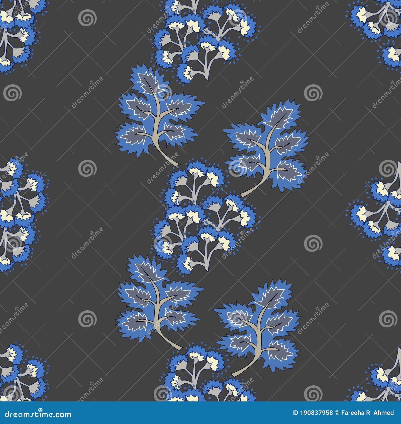 Seamless Floral Design Pattern. Blue Flowers on Grey Background Stock ...
