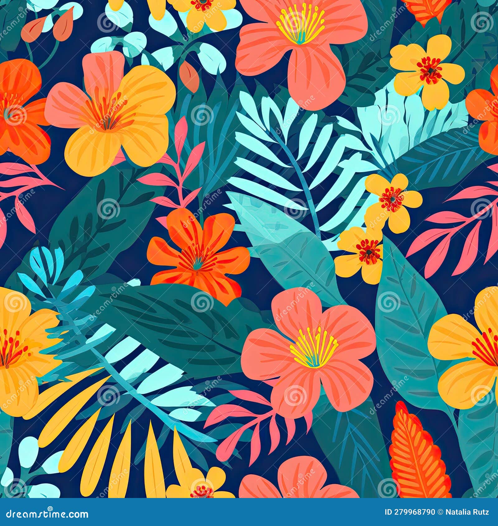 Tropical Foliage, and Vibrant Fruit Motifs Pattern Stock Illustration ...