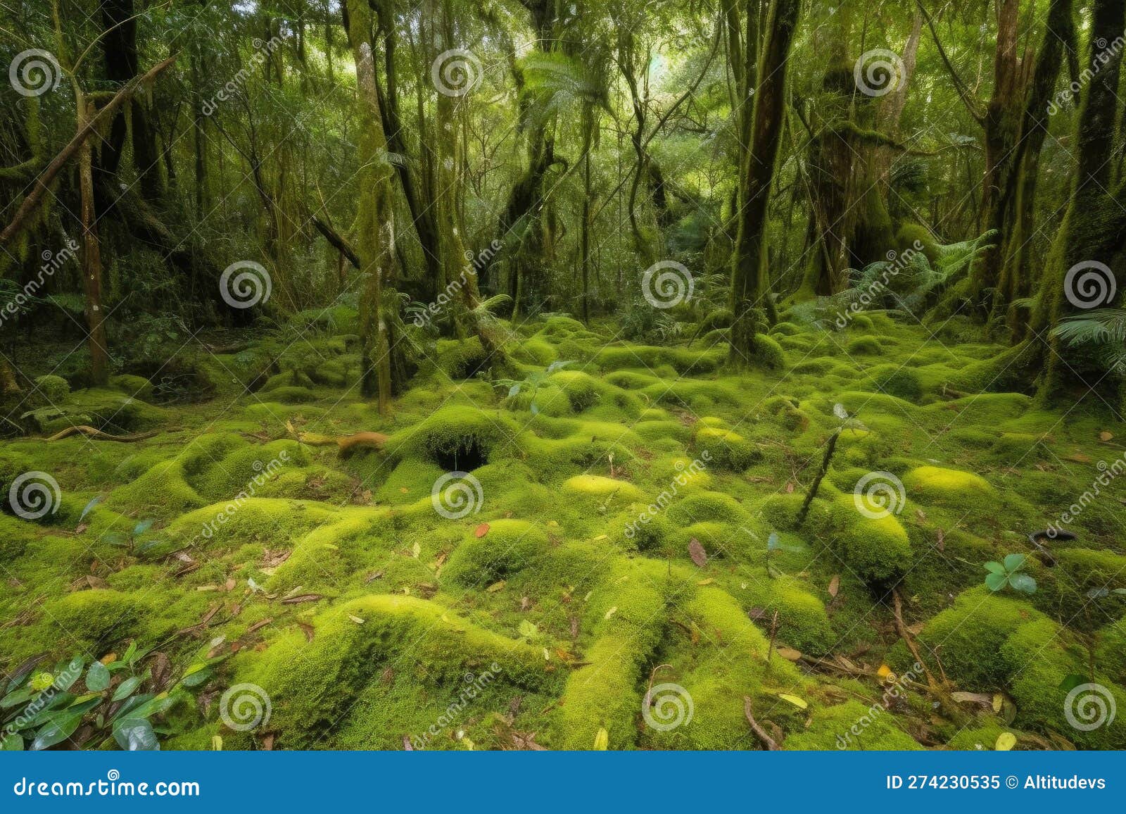 Tropical Forest with Carpet of Moss, Trees in the Background Stock ...