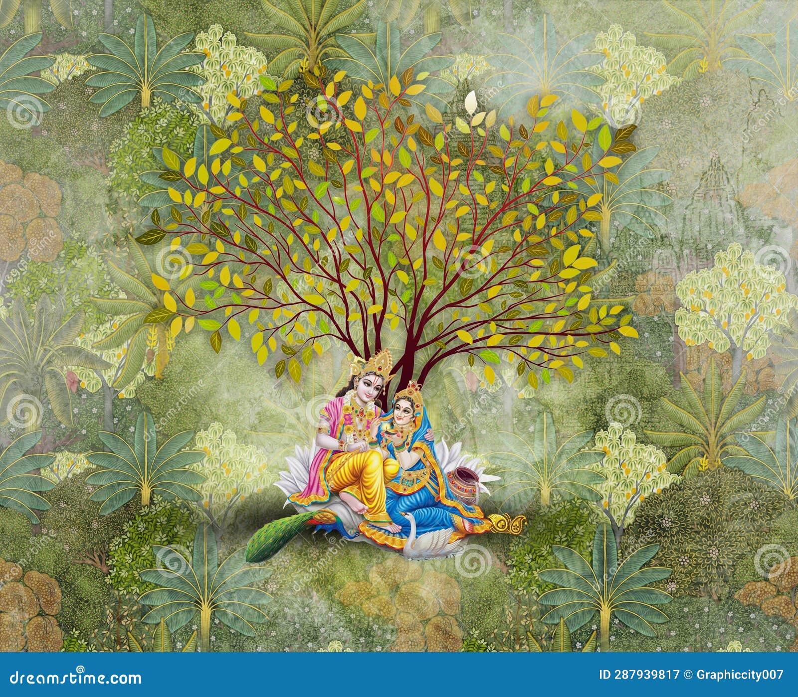 3d Wallpaper Design with Tropical Forest , Radha Krishna Sitting Under ...