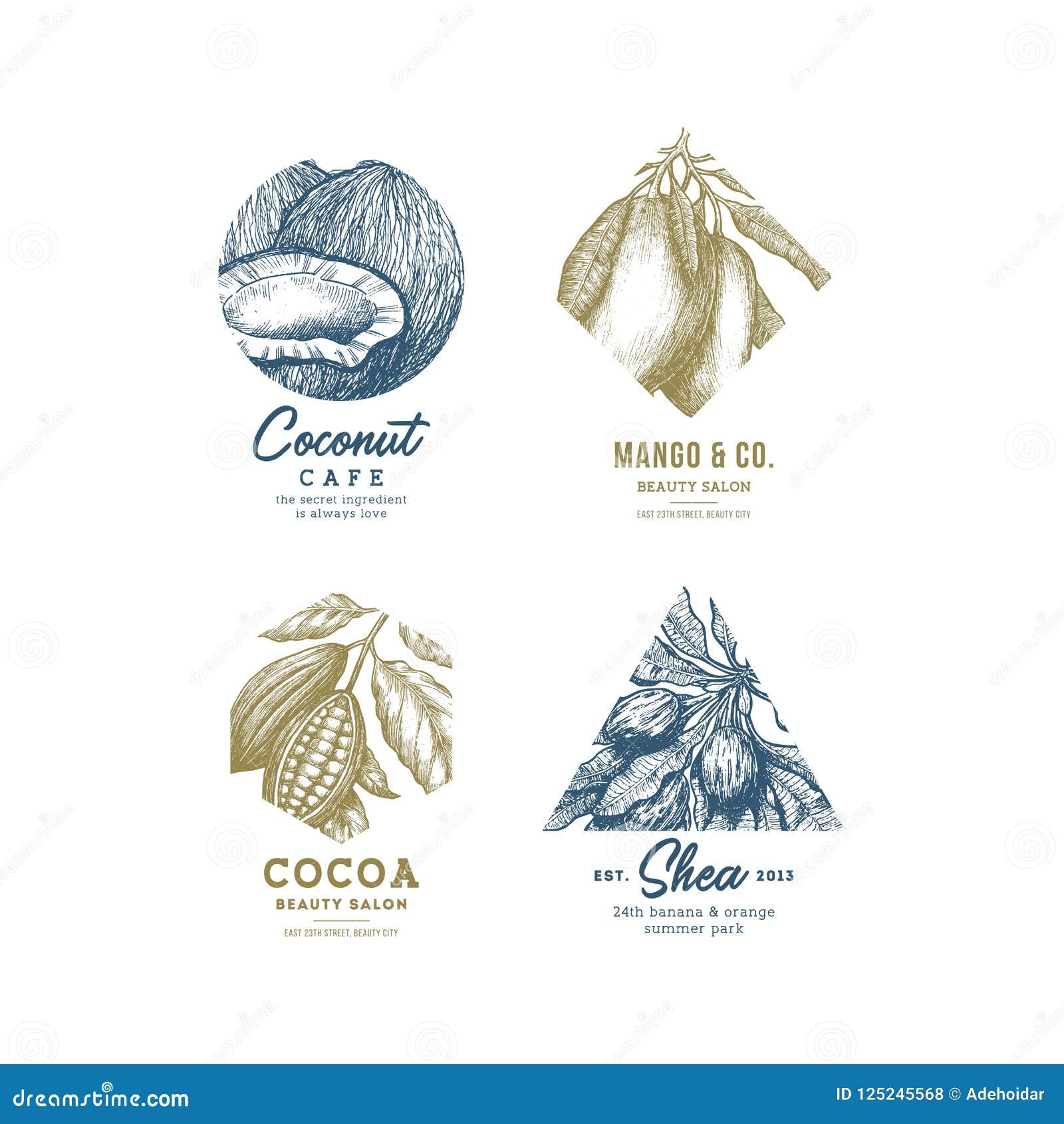 Tropical Fruit Logo Collection. Engraved Logotype Set. Coconut, Mango ...