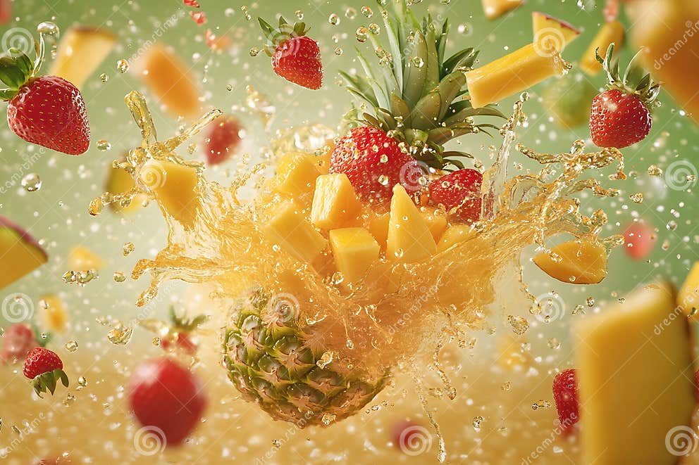 Tropical Fruit Splash: Pineapple, Mango, Strawberry Stock Illustration ...