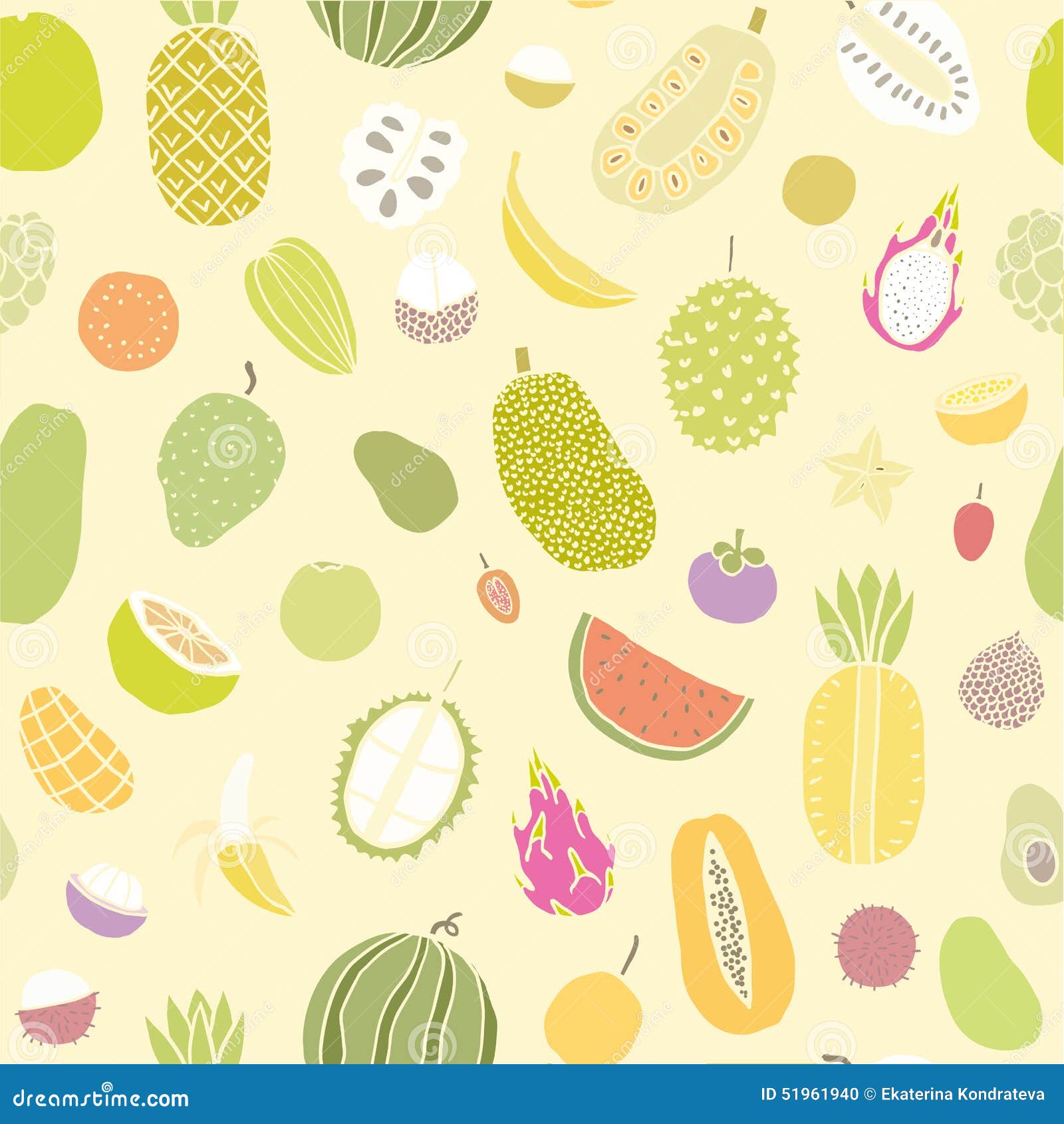 Tropical Fruits Seamless Pattern Stock Vector - Illustration of hand ...