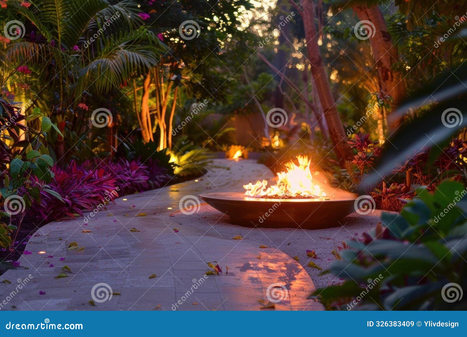 Tropical Garden Pathway at Sunset with Fire Pit Stock Image - Image of ...