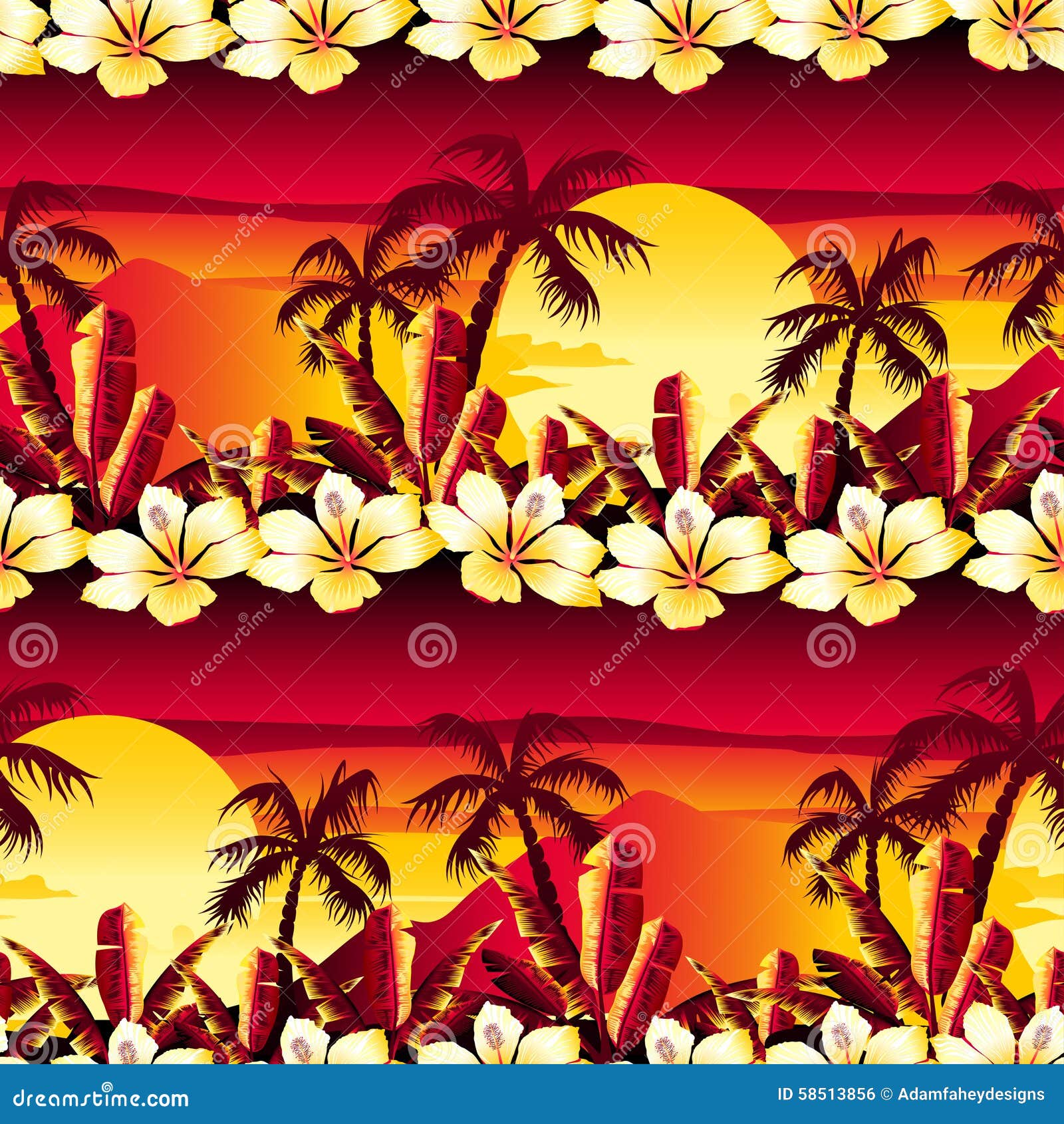 Tropical Golden Sunset with Hibiscus Flowers Seamless Pattern Stock ...